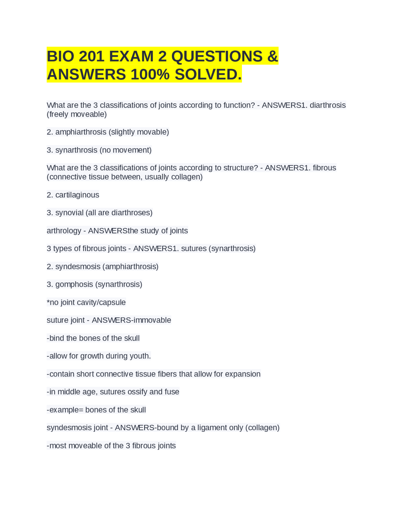 BIO 201 EXAM 2 QUESTIONS & ANSWERS 100% SOLVED. | Exams Biology | Docsity