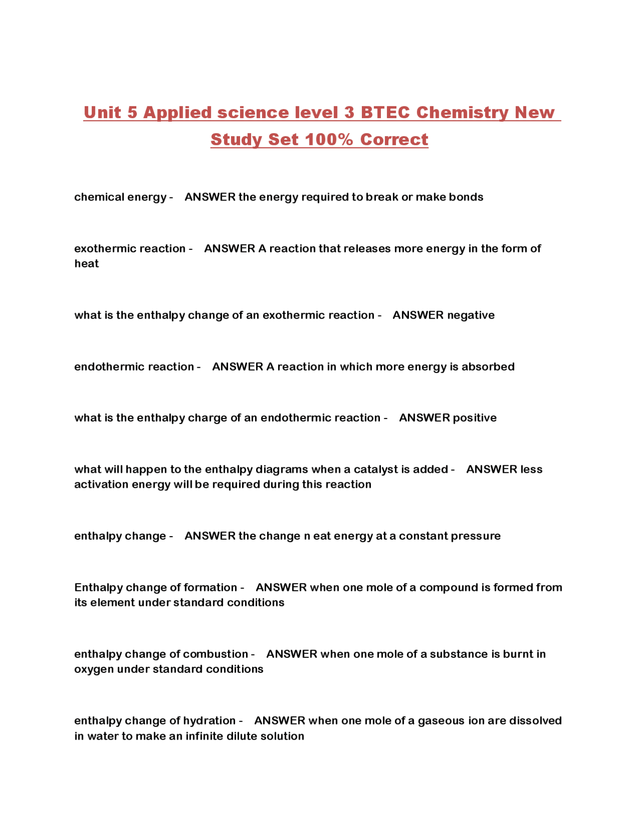 Unit 5 Applied science level 3 BTEC Chemistry New Study Set 100% Correct | Exams Chemistry | Docsity