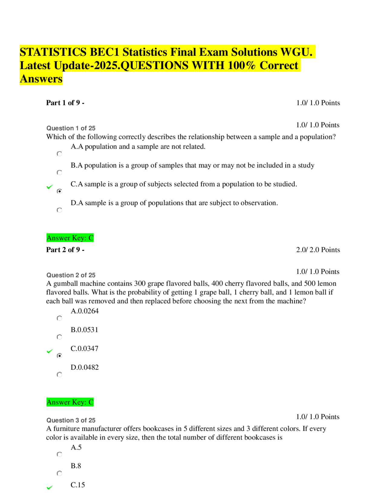 Statistics Final Exam Solutions | Exams Statistics | Docsity