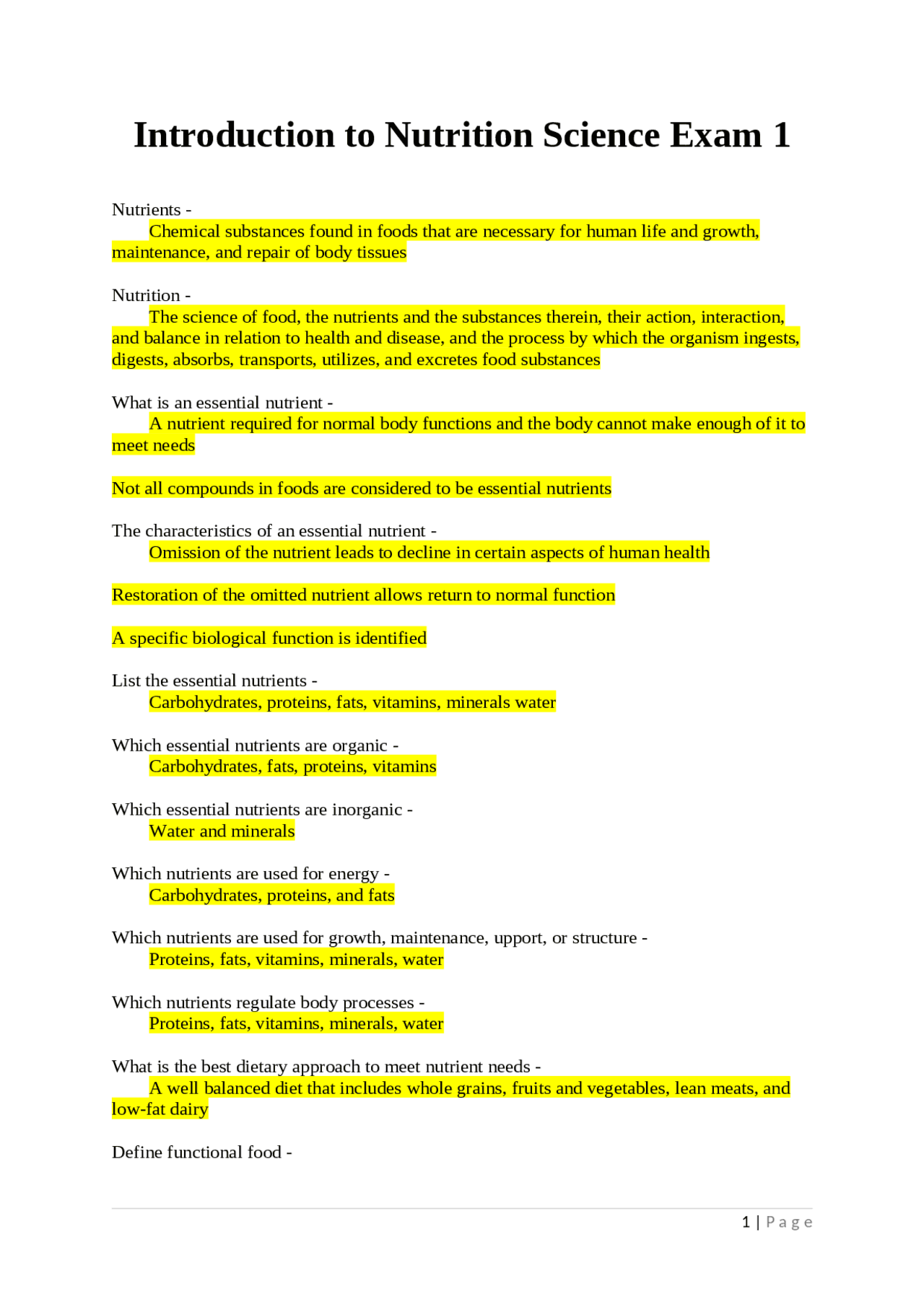 Introduction to Nutrition Science Exam 1: Key Concepts and Research ...