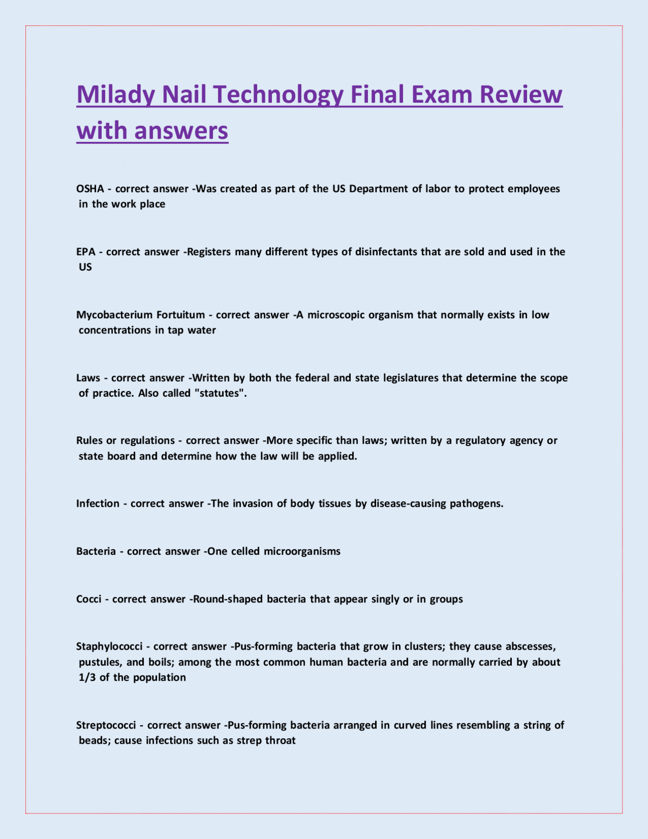 Milady Nail Technology Final Exam Review with answers | Exams Nursing ...