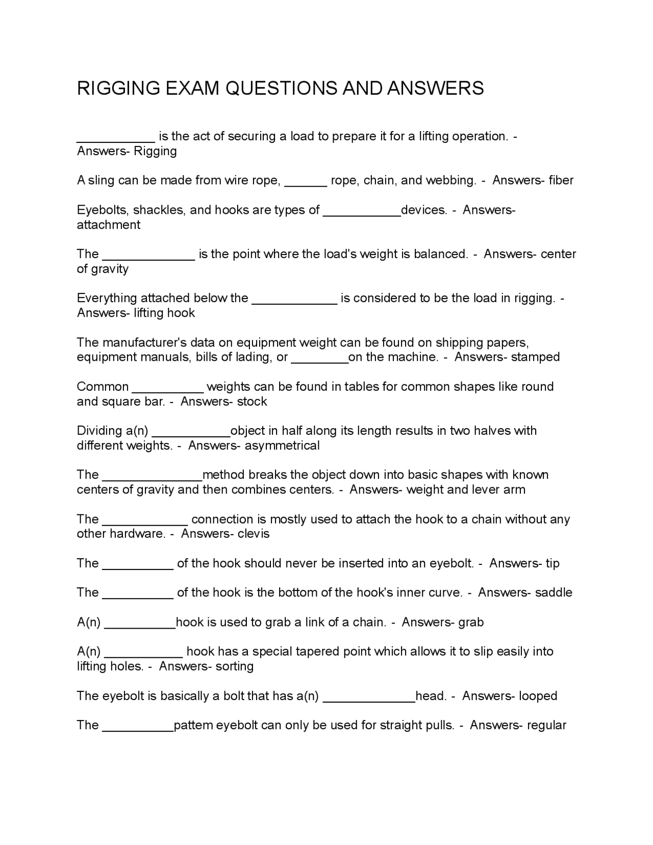RIGGING EXAM QUESTIONS AND ANSWERS | Exams Social Sciences | Docsity