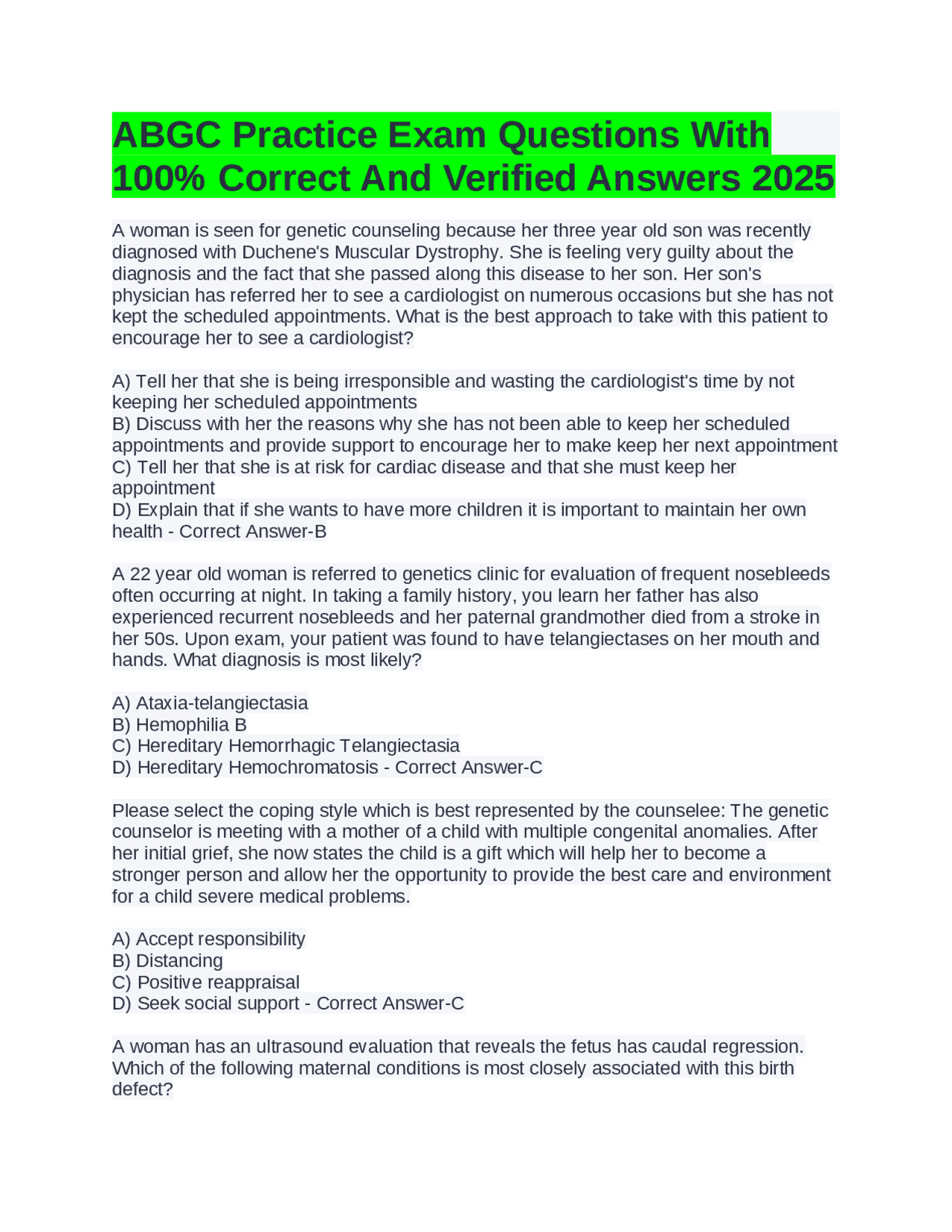 ABGC Practice Exam Questions with Answers: Genetics Counseling | Exams ...