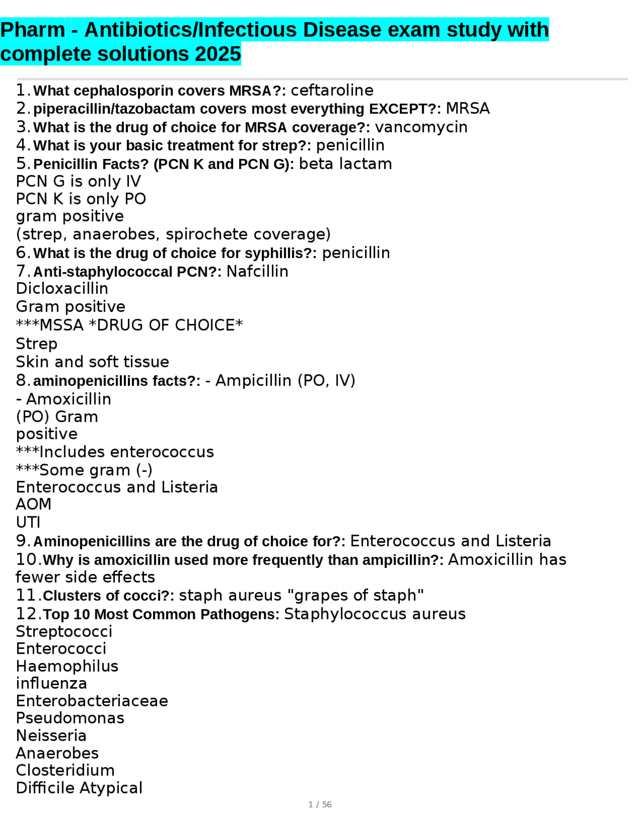 Pharm - Antibiotics/Infectious Disease exam study with complete ...