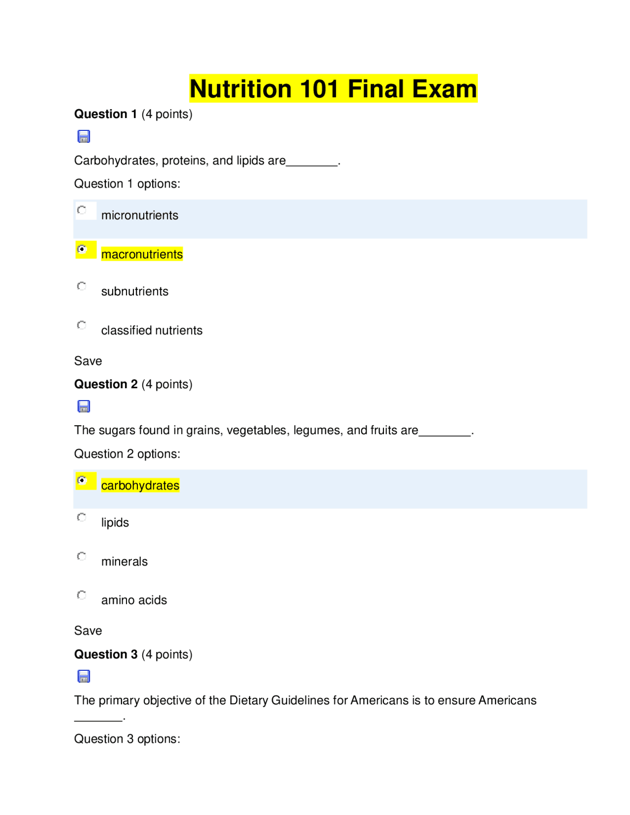 Nutrition 101 Final Exam: Multiple Choice Questions | Exams Nursing | Docsity