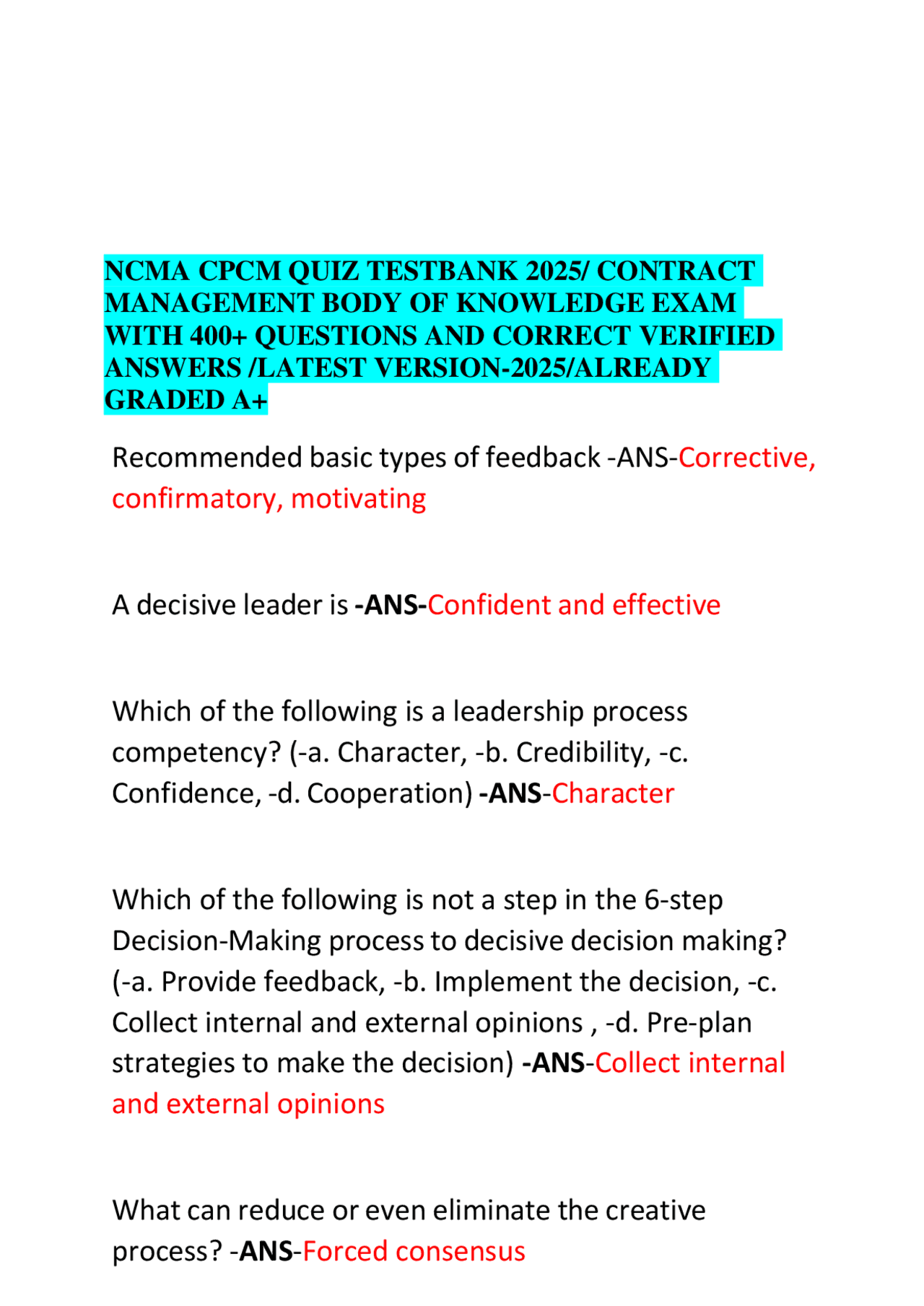 NCMA CPCM Quiz Testbank 2025: Contract Management Body of Knowledge ...