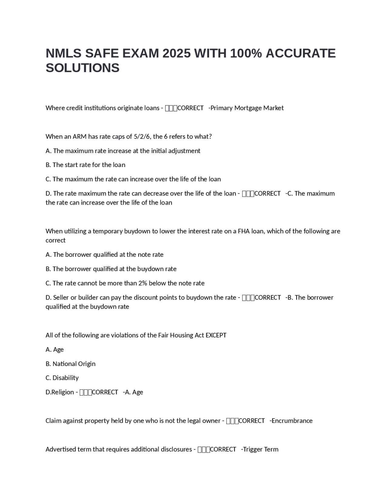 NMLS SAFE Exam 2025: Questions and Answers for Mortgage Professionals ...