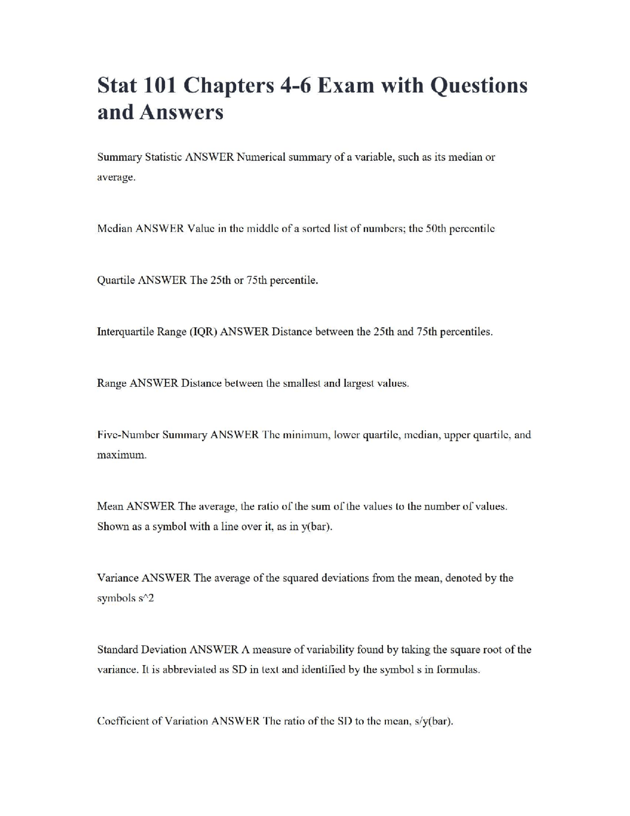 Stat 101 Chapters 4-6 Exam with Questions and Answers | Exams ...