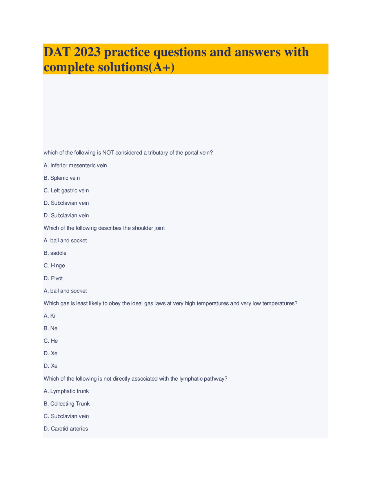 DAT 2023 Practice Questions and Answers: Biology, Chemistry, and ...