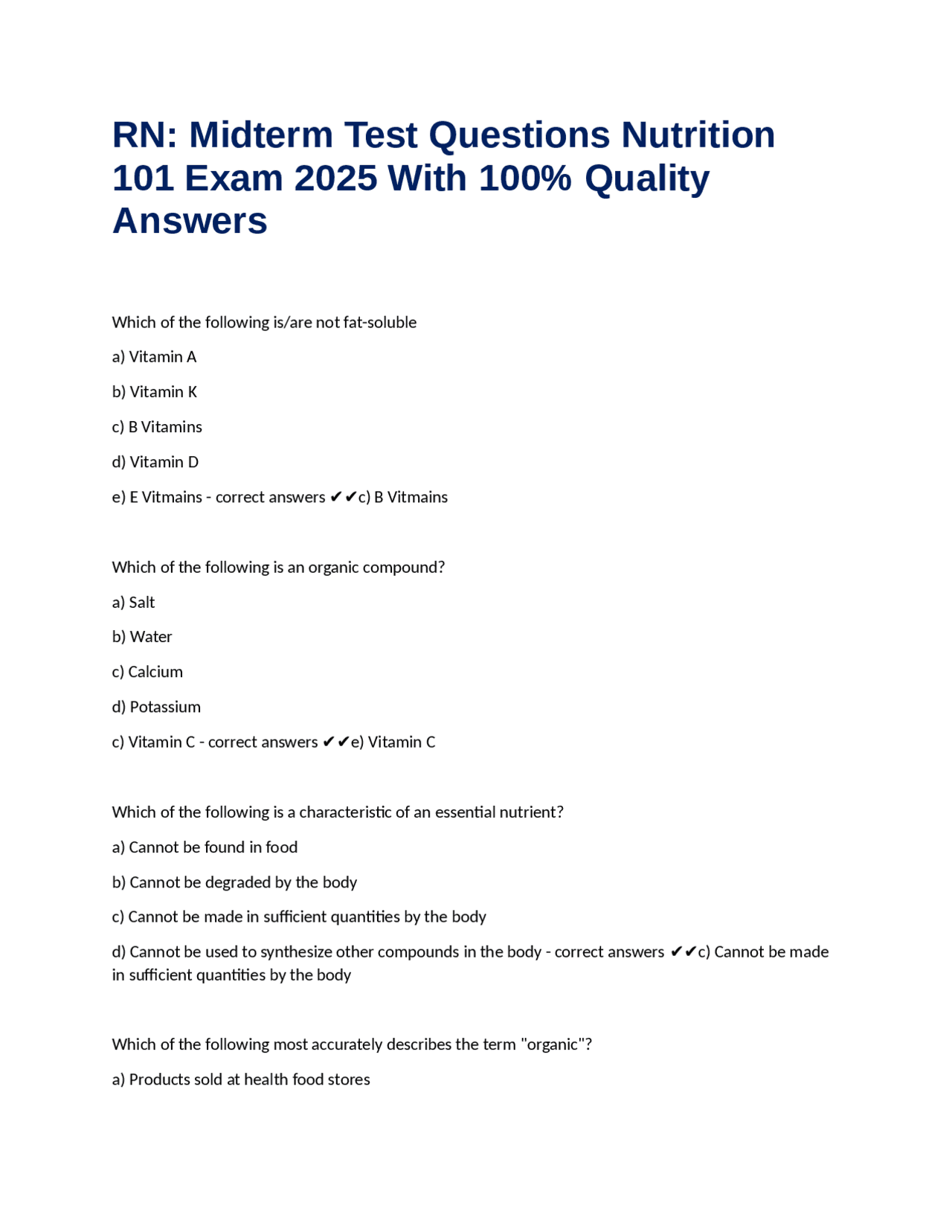Nutrition 101 Midterm Test Questions and Answers | Exams Nursing | Docsity