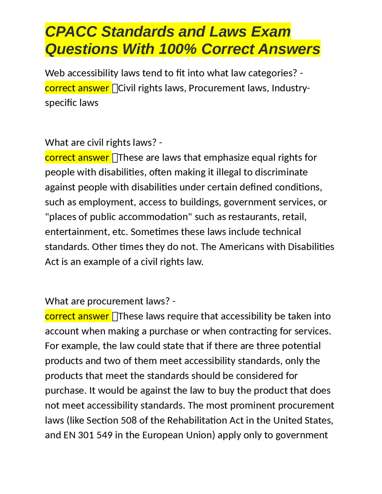 CPACC Standards and Laws Exam Questions With 100% Correct Answers ...