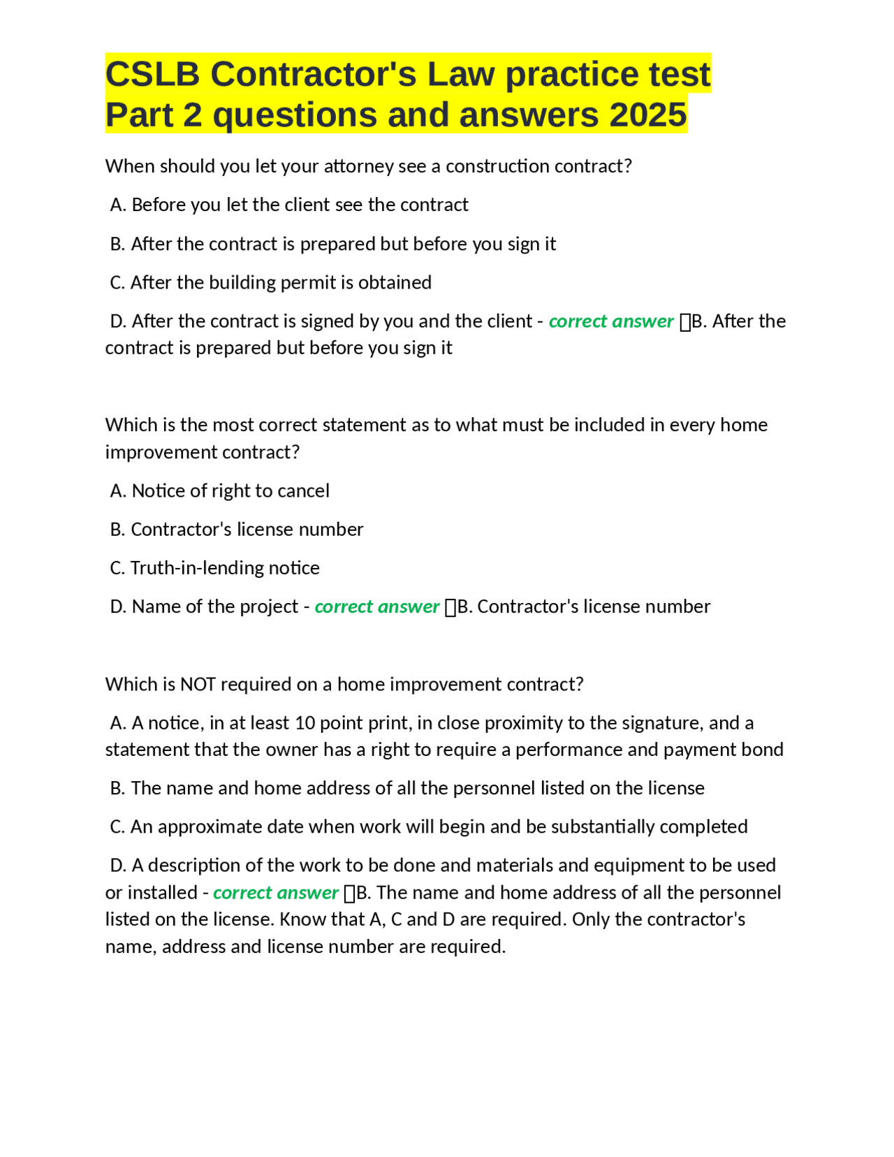 CSLB Contractor's Law Practice Test: Part 2 Questions and Answers ...