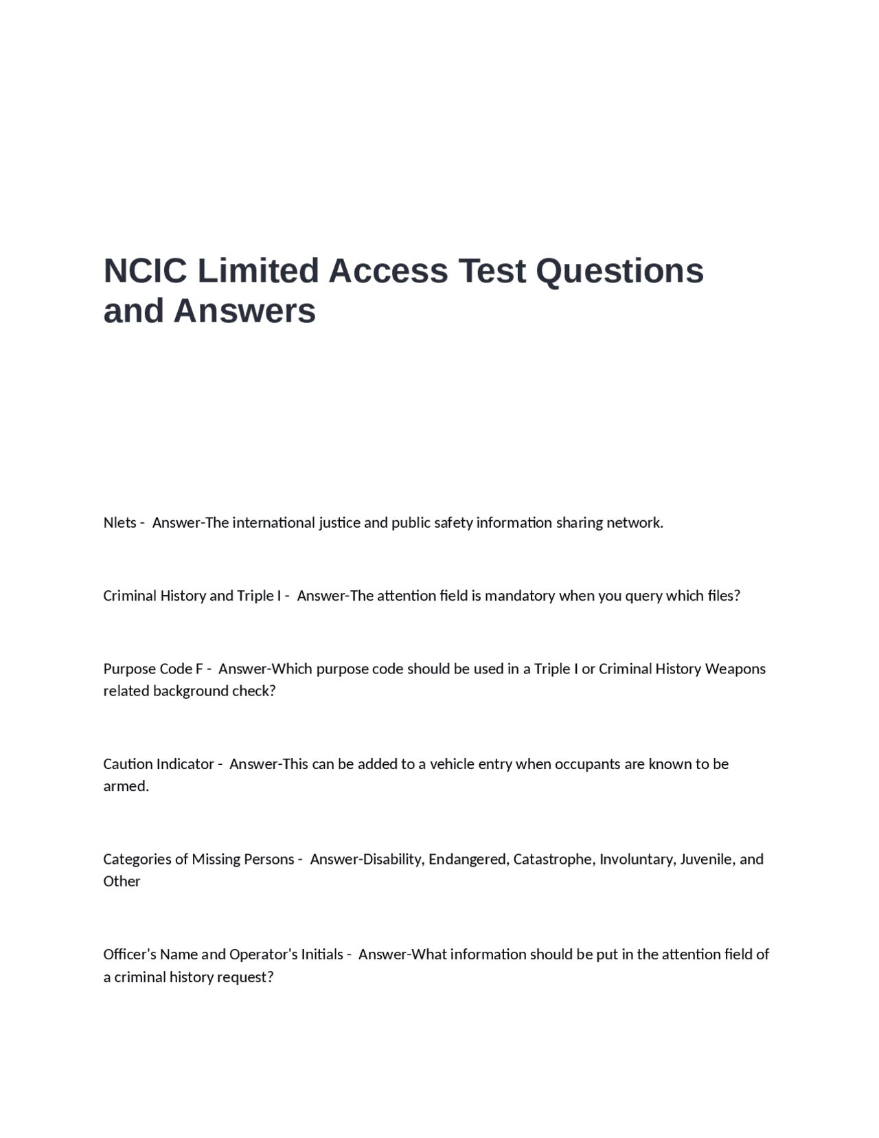 NCIC Limited Access Test Questions and Answers | Exams Nursing | Docsity