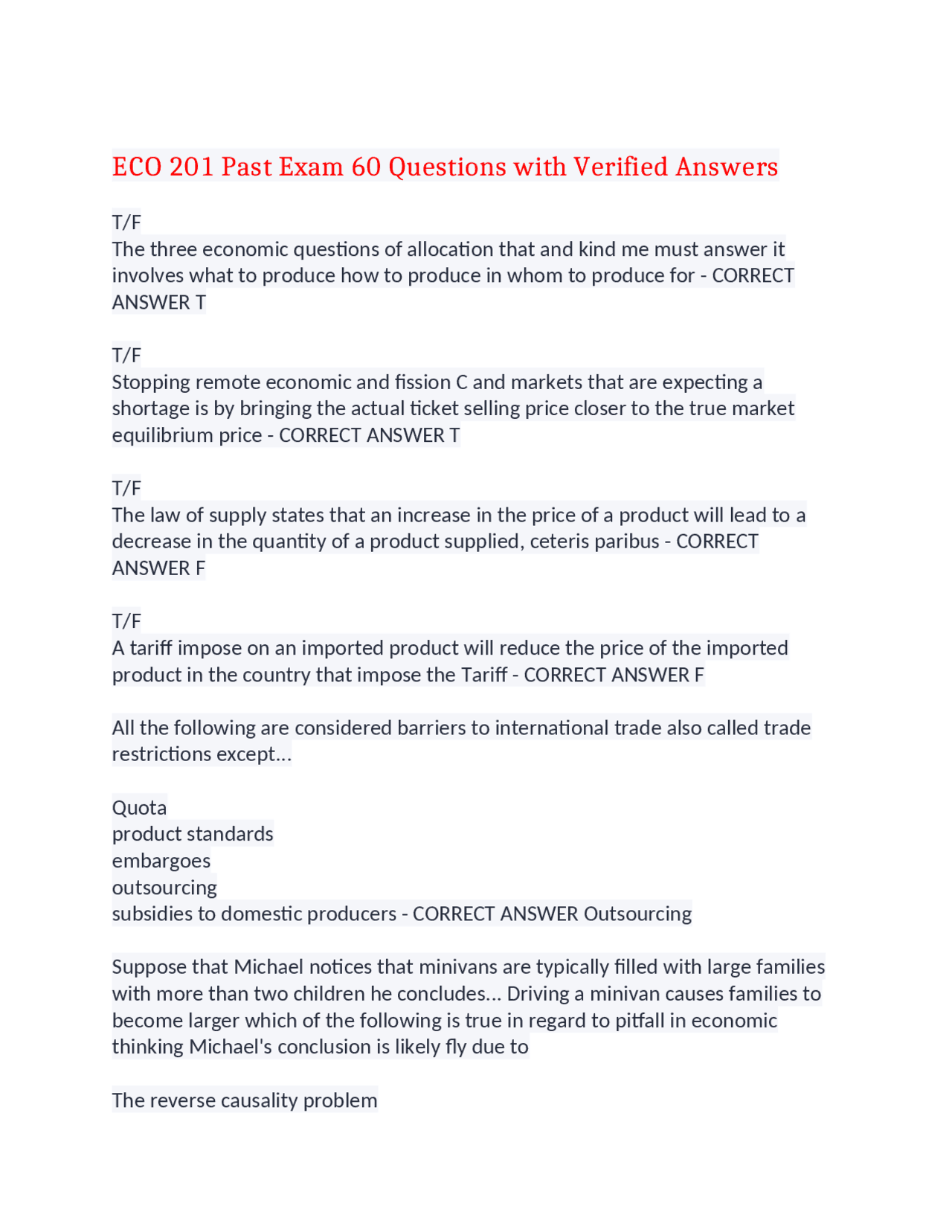 ECO 201 Past Exam: 60 Multiple Choice Questions with Verified Answers ...
