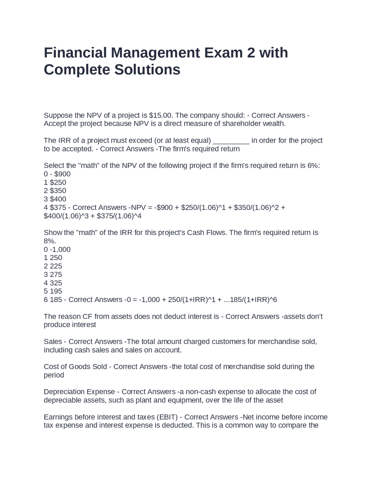 Financial Management Exam 2 with Complete Solutions | Exams Advanced ...