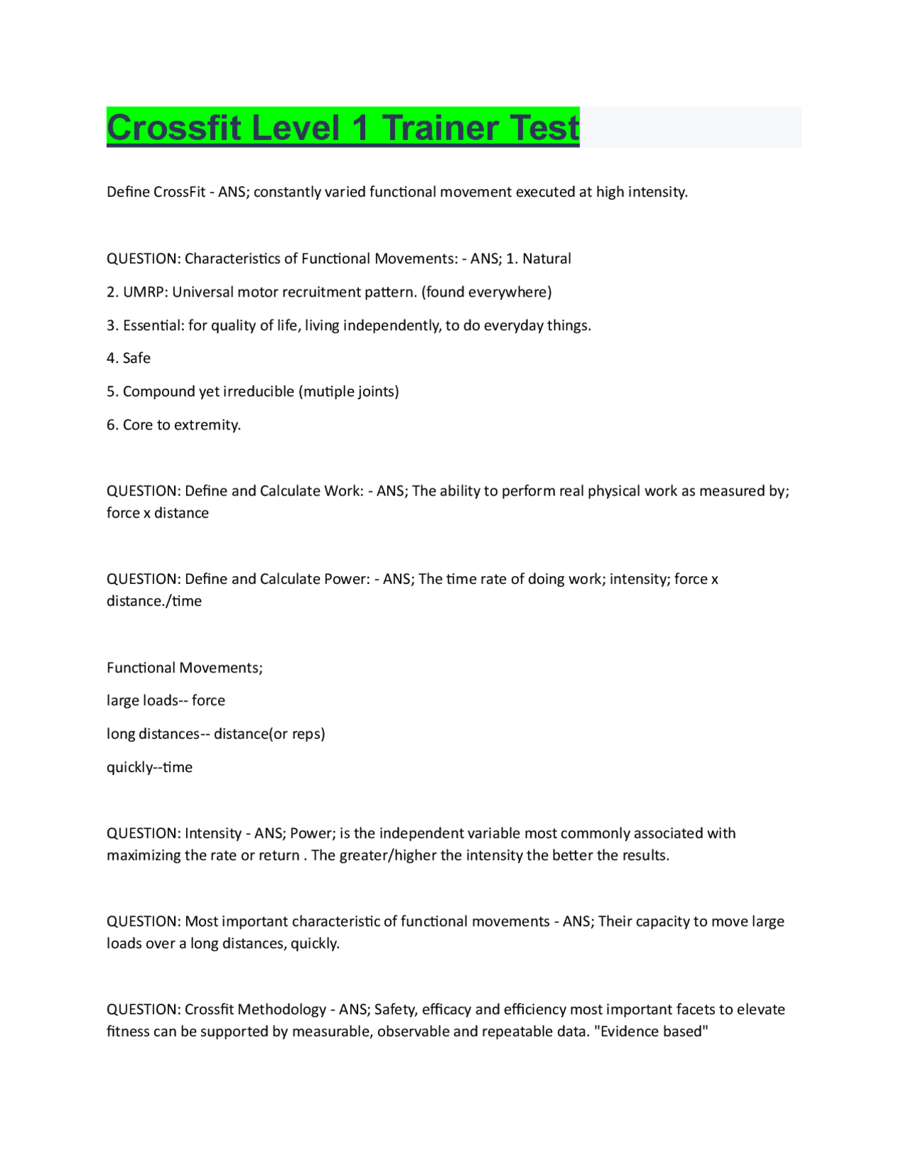 CrossFit Level 1 Trainer Test: Questions and Answers | Exams Community ...