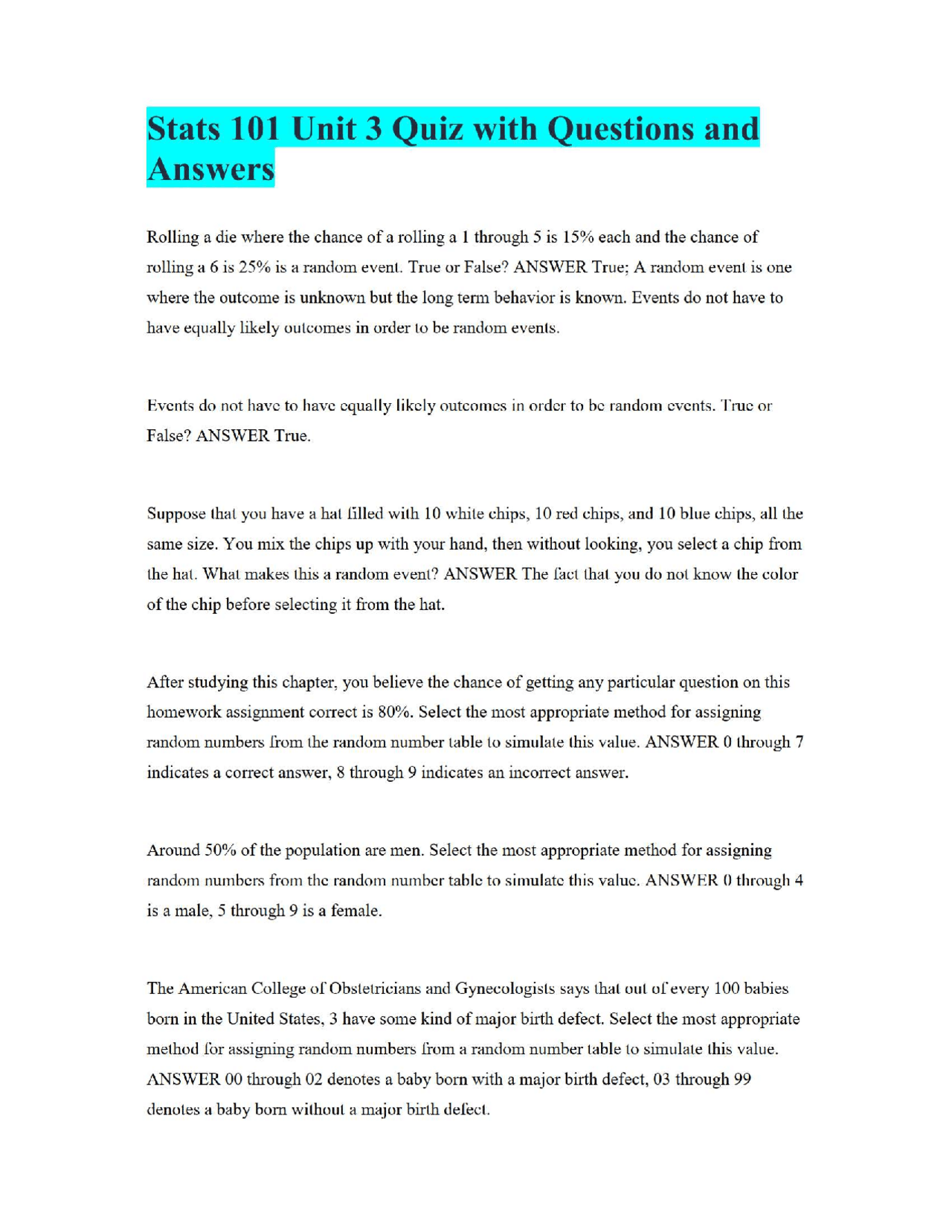 Stats 101 Unit 3 Quiz with Questions and Answers | Exams Statistics ...