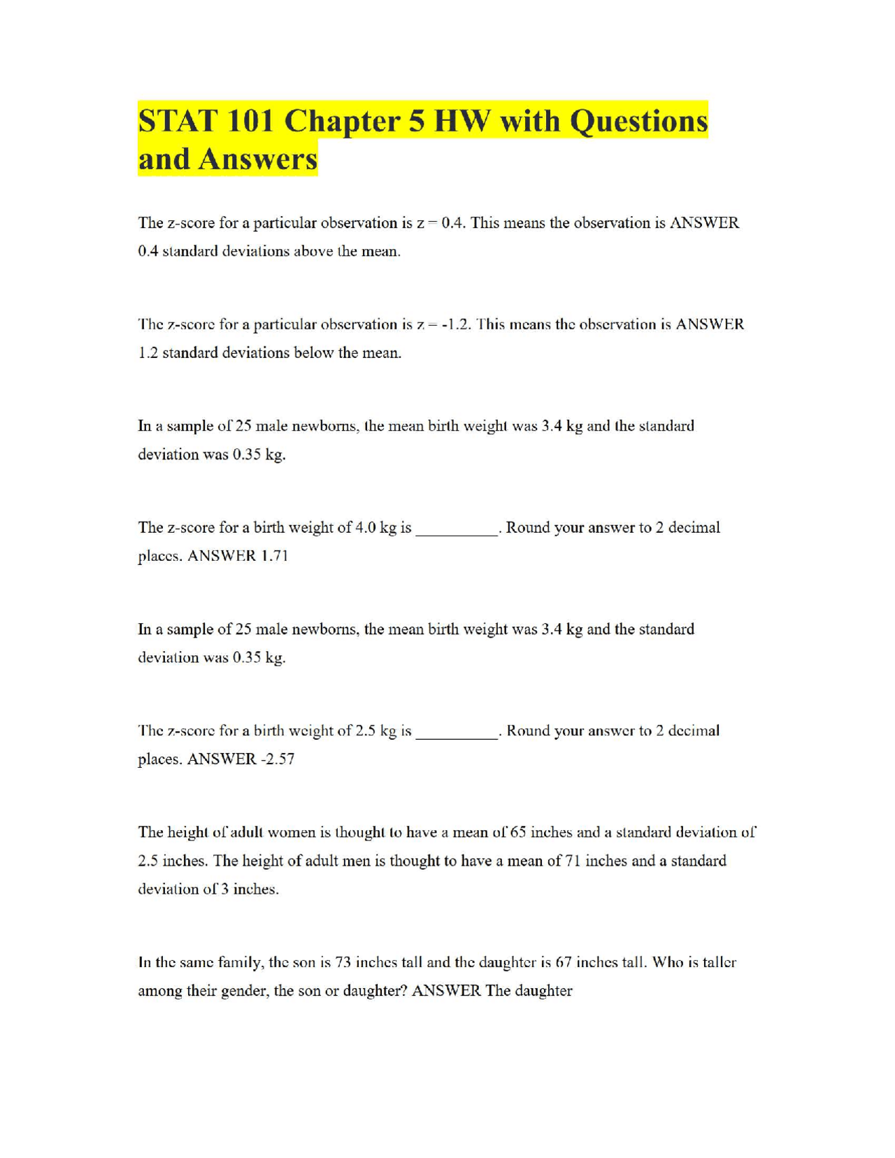 STAT 101 Chapter 5 HW with Questions and Answers | Exams Statistics | Docsity