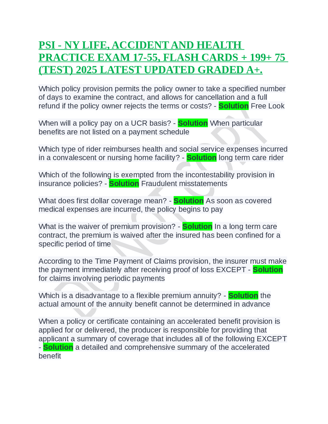 PSI - NY LIFE, ACCIDENT AND HEALTH PRACTICE EXAM 17-55, FLASH CARDS ...