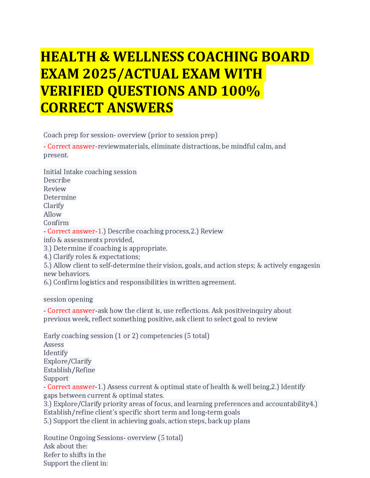 HEALTH & WELLNESS COACHING BOARD EXAM 2025/ACTUAL EXAM WITH VERIFIED ...