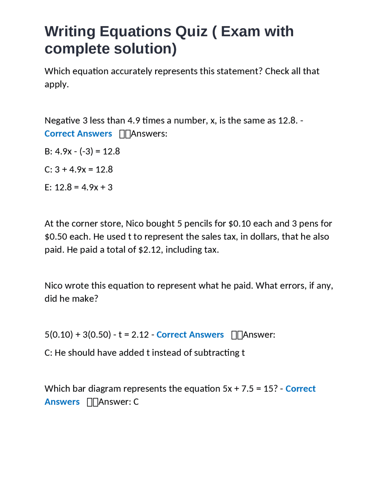 Writing Equations Quiz: A Comprehensive Guide with Solutions | Exams ...