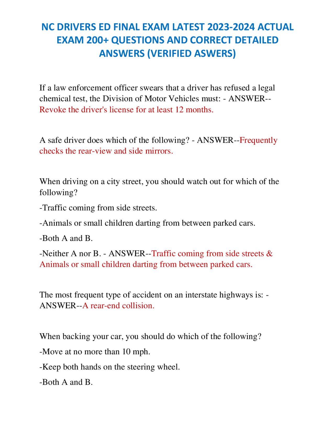 NC DRIVERS ED FINAL EXAM LATEST 2023-2024 ACTUAL EXAM 200+ QUESTIONS ...