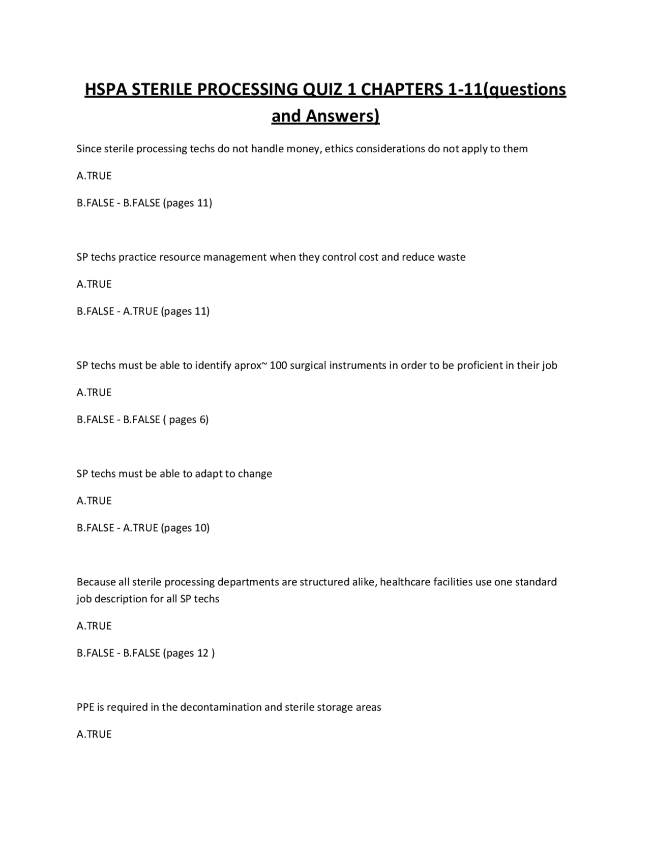 HSPA STERILE PROCESSING QUIZ 1 CHAPTERS 1-11(questions and Answers ...