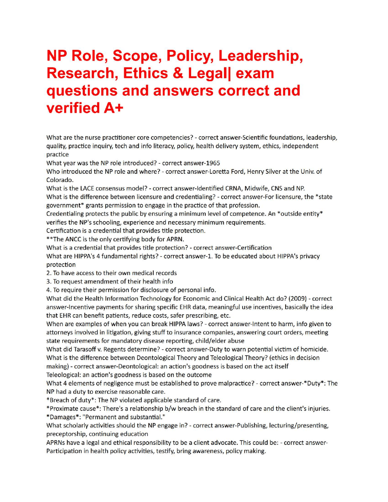 NP Role, Scope, Policy, Leadership, Research, Ethics & Legal exam ...