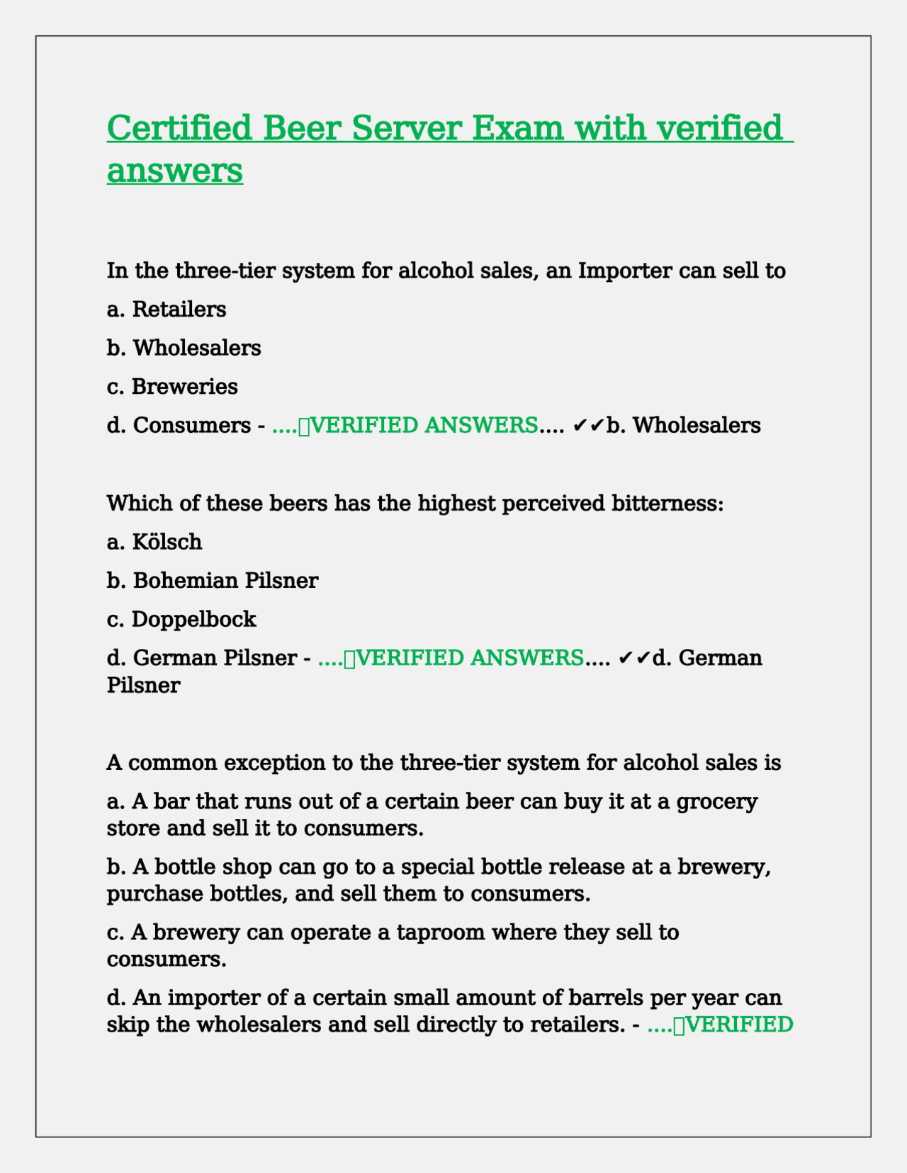 Certified Beer Server Exam with verified answers | Exams Nursing | Docsity