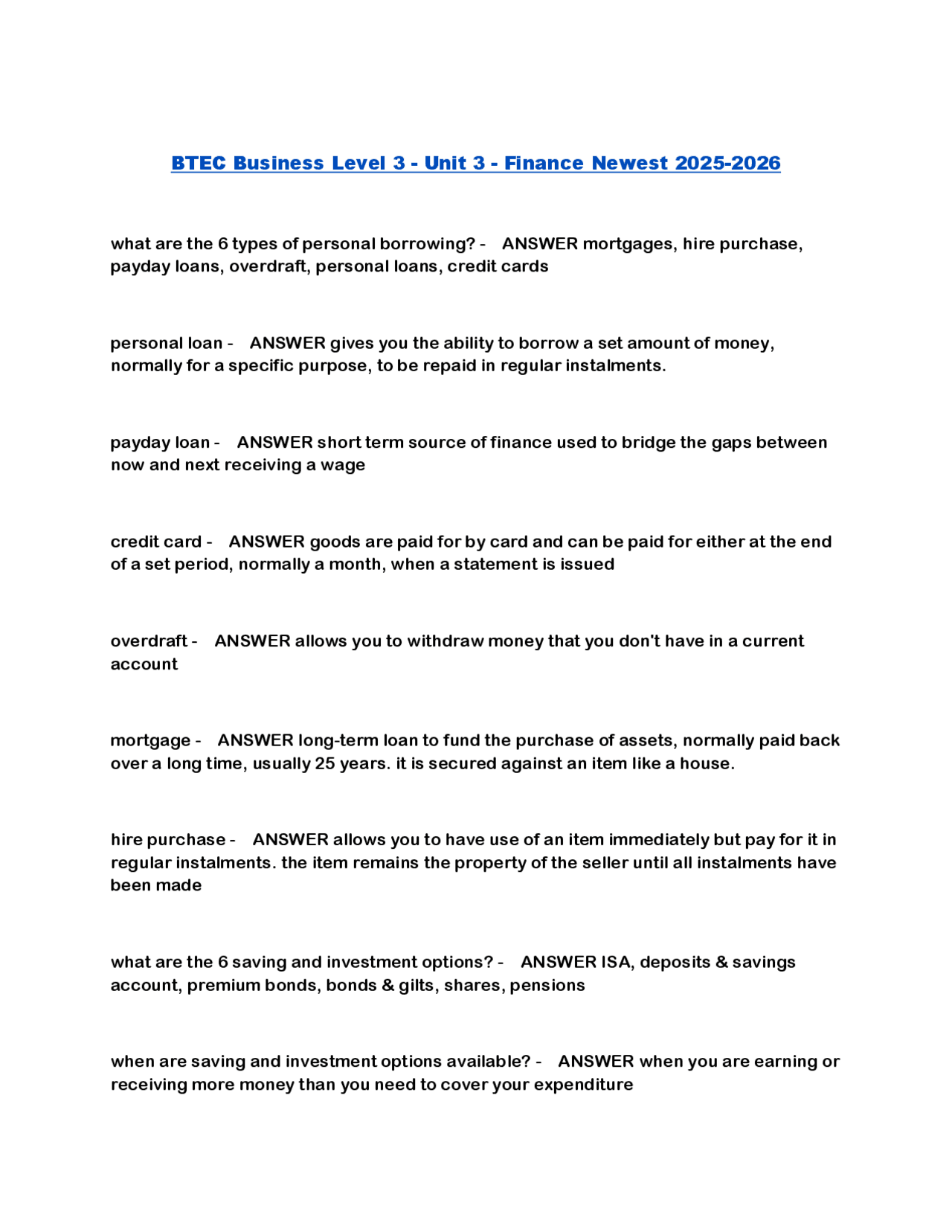 BTEC Business Level 3: Finance Guide - Borrowing, Saving, Investing ...