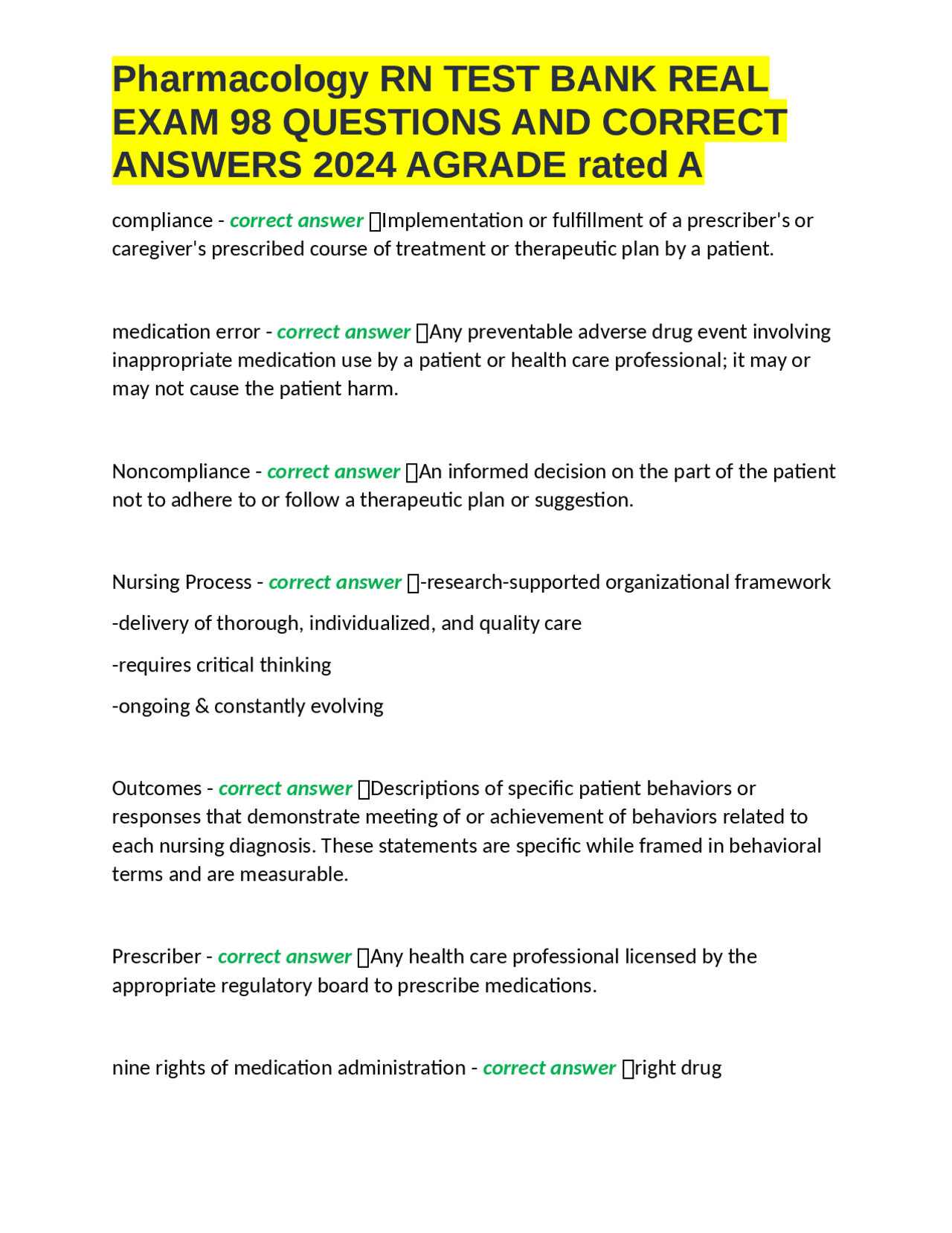 Pharmacology RN Test Bank: Definitions and Explanations for Nursing ...