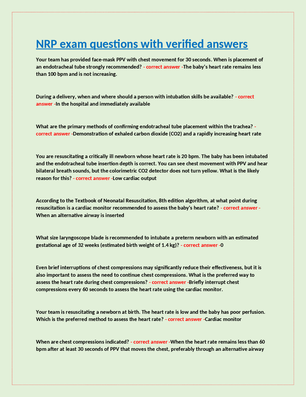 Neonatal Resuscitation Exam Questions and Answers | Exams Nursing | Docsity