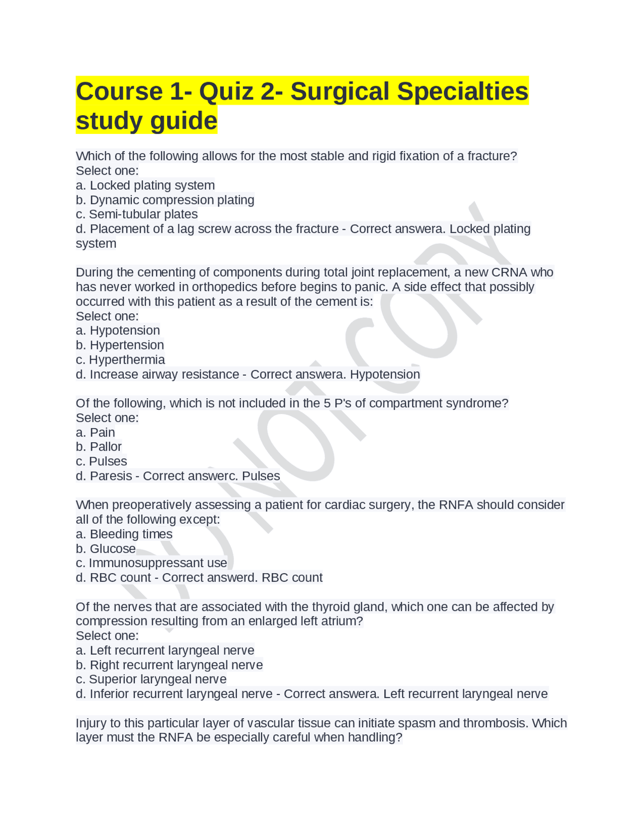 Surgical Specialties Quiz 2 Study Guide | Exams Nursing | Docsity