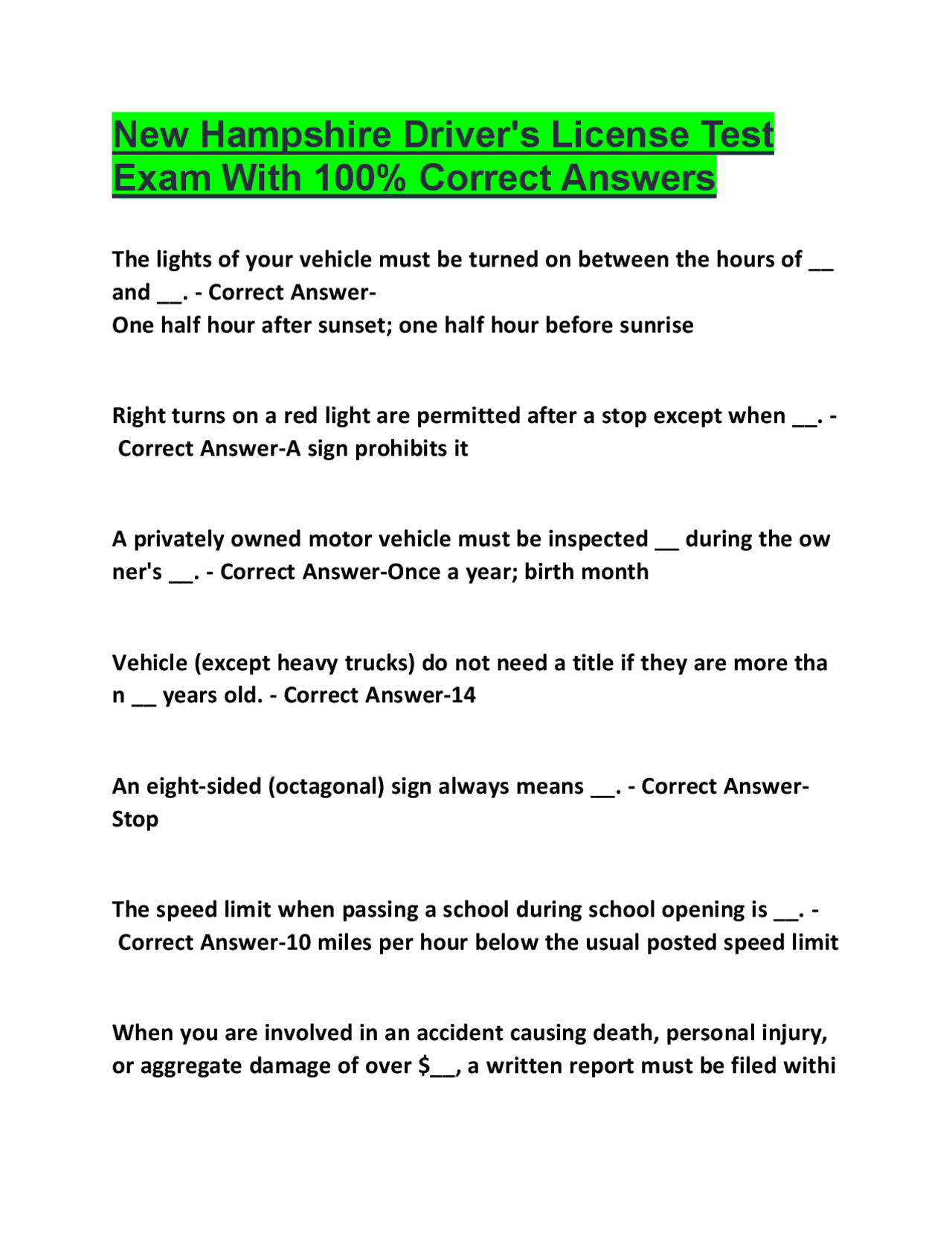 New Hampshire Driver's License Test: Practice Exam with Answers | Exams ...