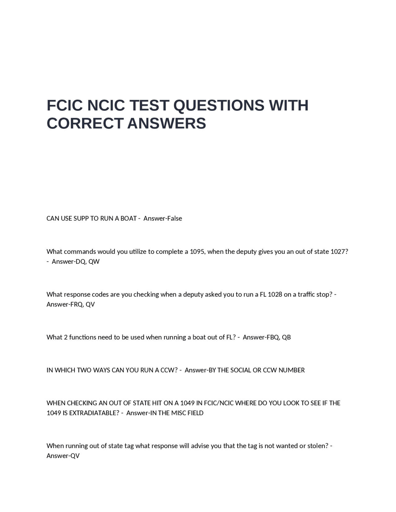 FCIC NCIC Test Questions with Correct Answers | Exams Nursing | Docsity