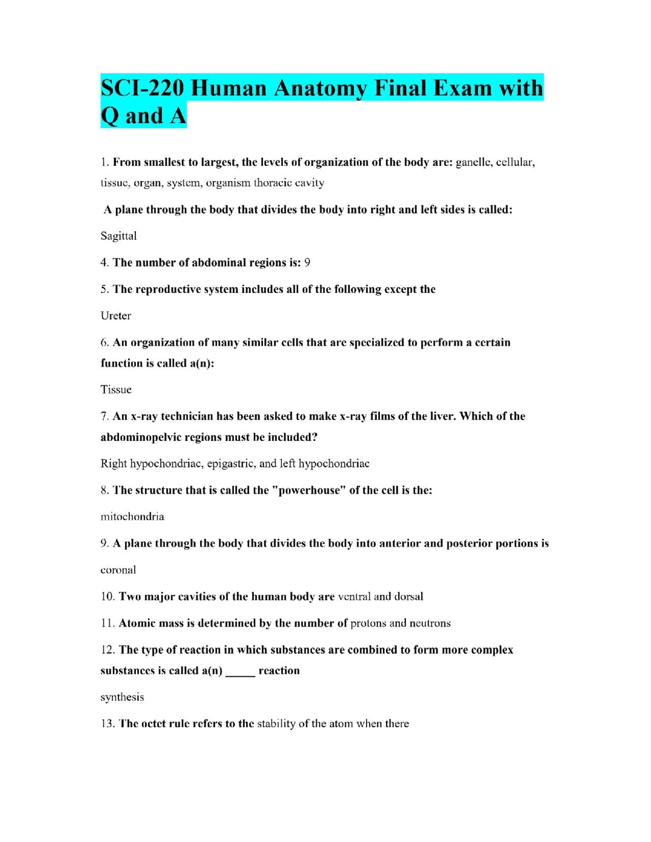 SCI-220 Human Anatomy Final Exam with Q and A | Exams Health sciences ...