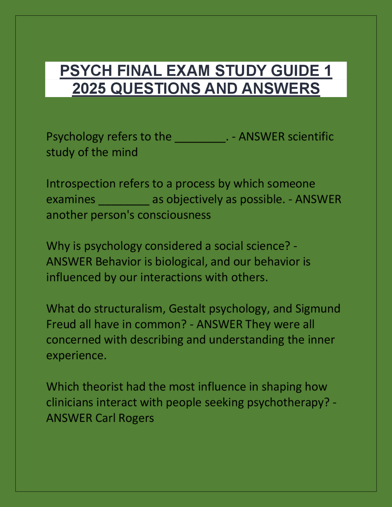 Psychology Final Exam Study Guide: 2025 Questions and Answers | Exams ...