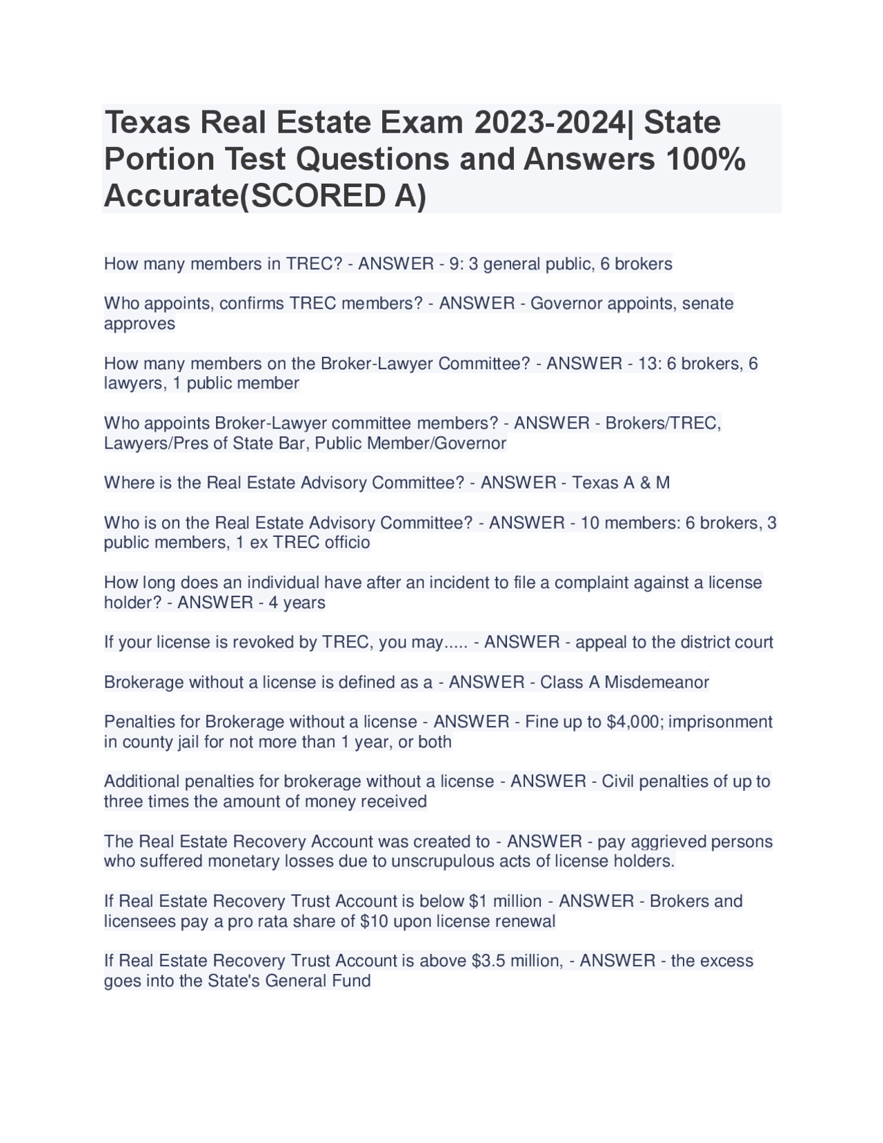 Texas Real Estate Exam 2023-2024: State Portion Test Questions and ...