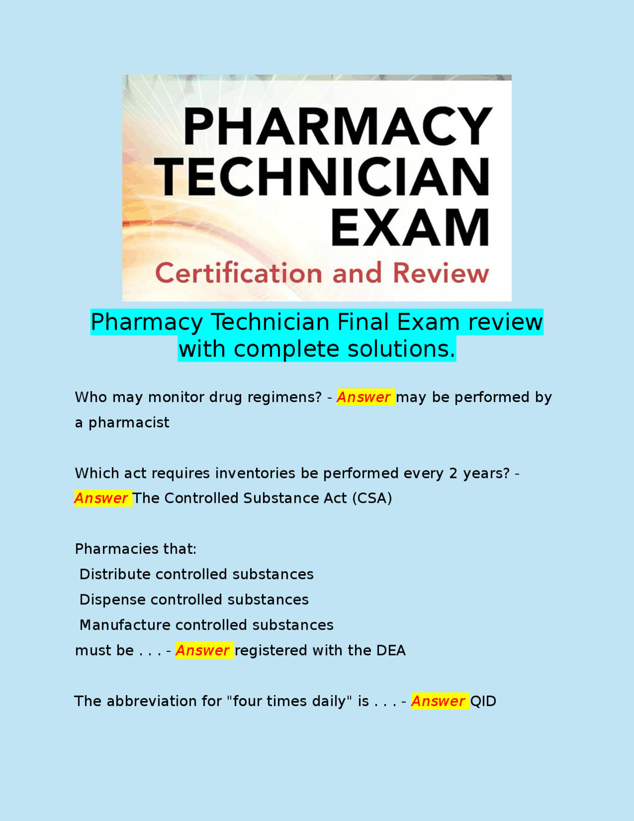 Pharmacy Technician Final Exam Review: Questions and Answers | Exams ...