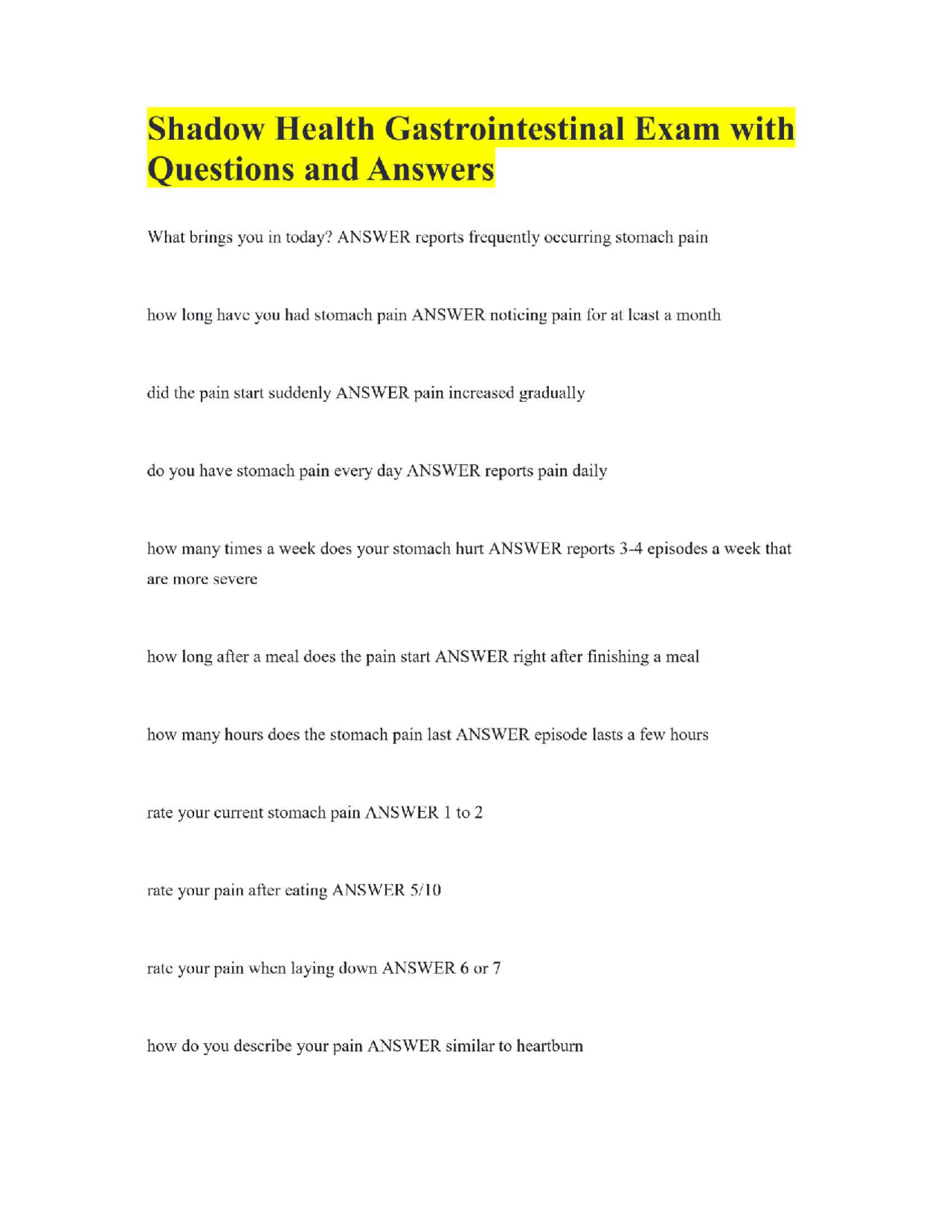 Shadow Health Gastrointestinal Exam with Questions and Answers | Exams ...