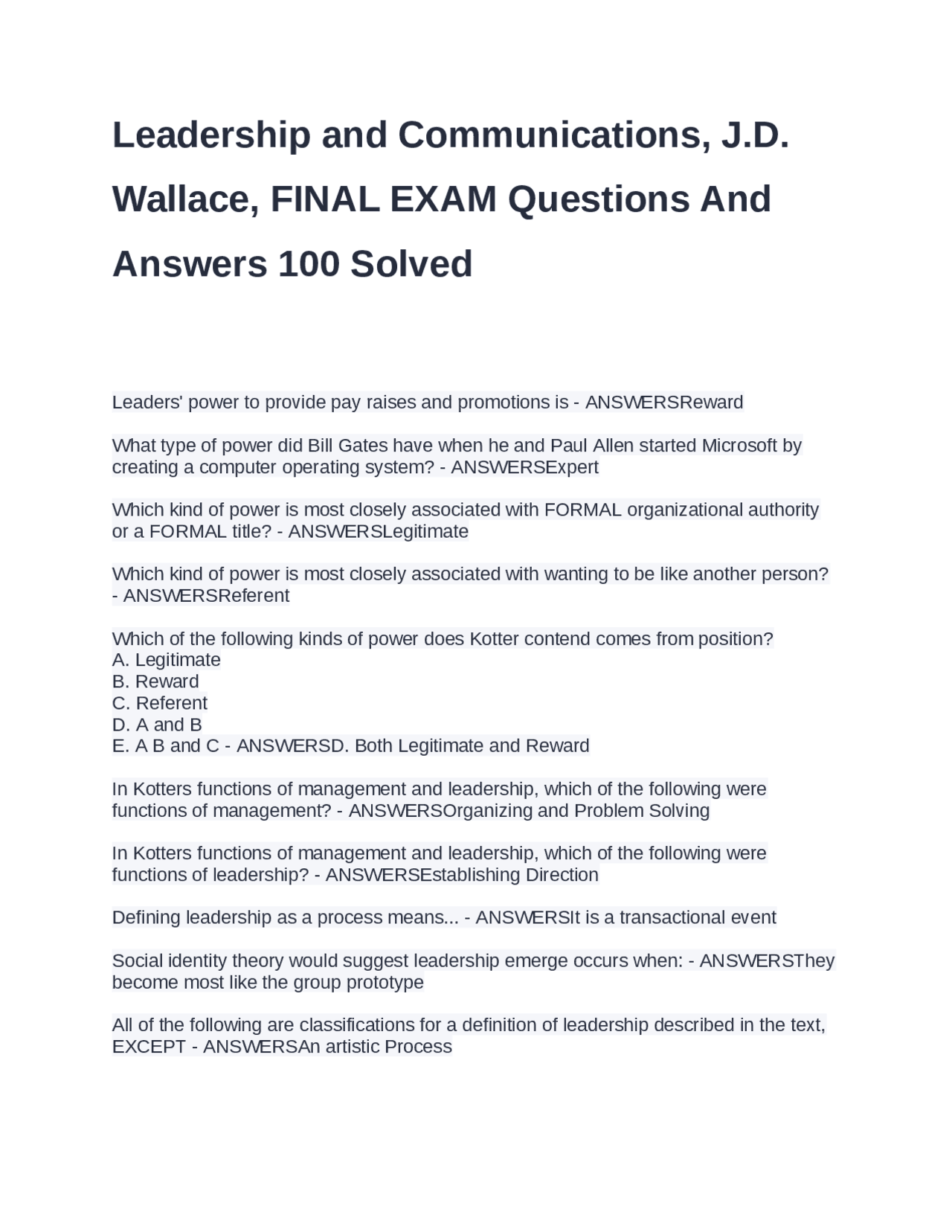 Leadership and Communications, J.D. Wallace, FINAL EXAM Questions And Answers 100 Solved | Exams ...
