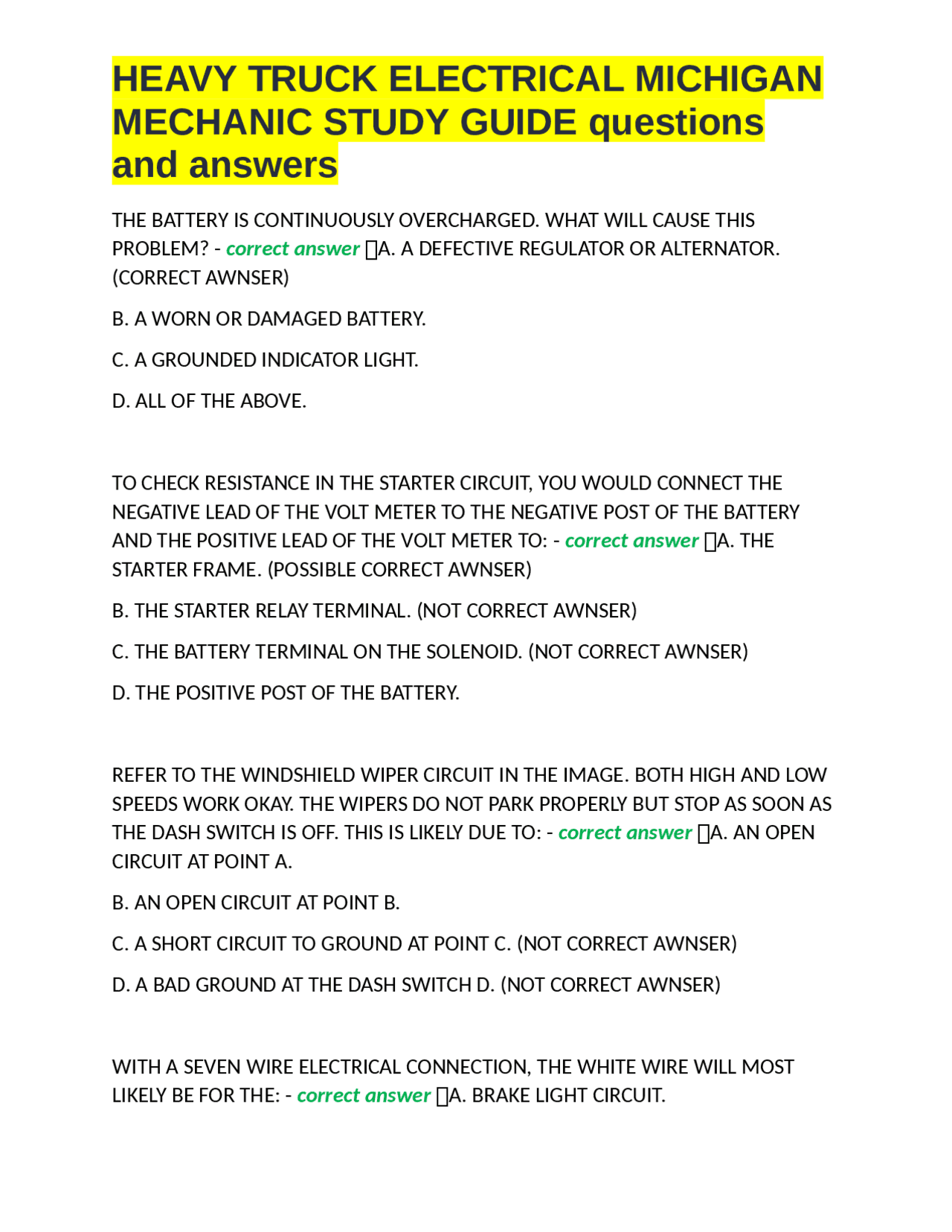 HEAVY TRUCK ELECTRICAL MICHIGAN MECHANIC STUDY GUIDE questions and ...