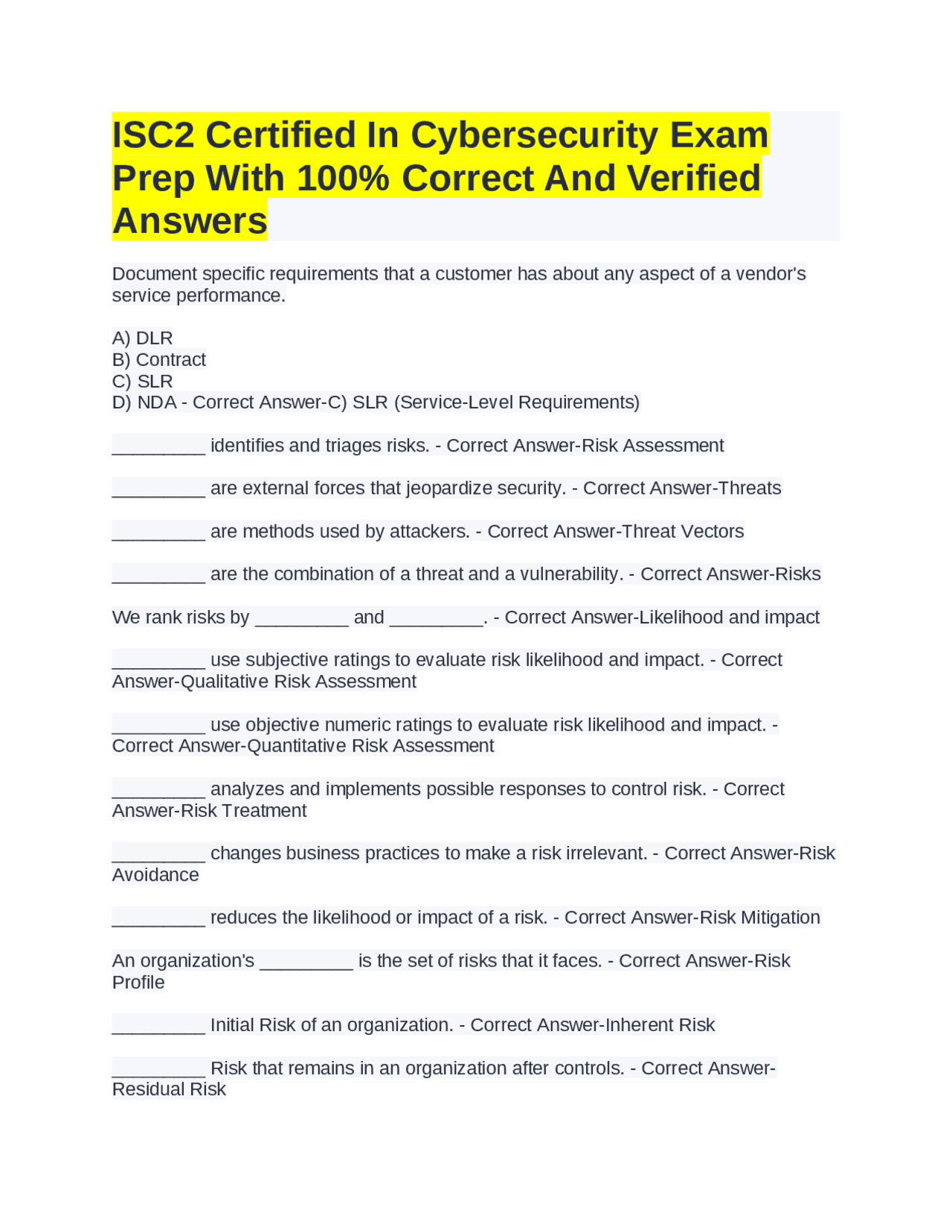 ISC2 Certified In Cybersecurity Exam Prep With 100% Correct And ...