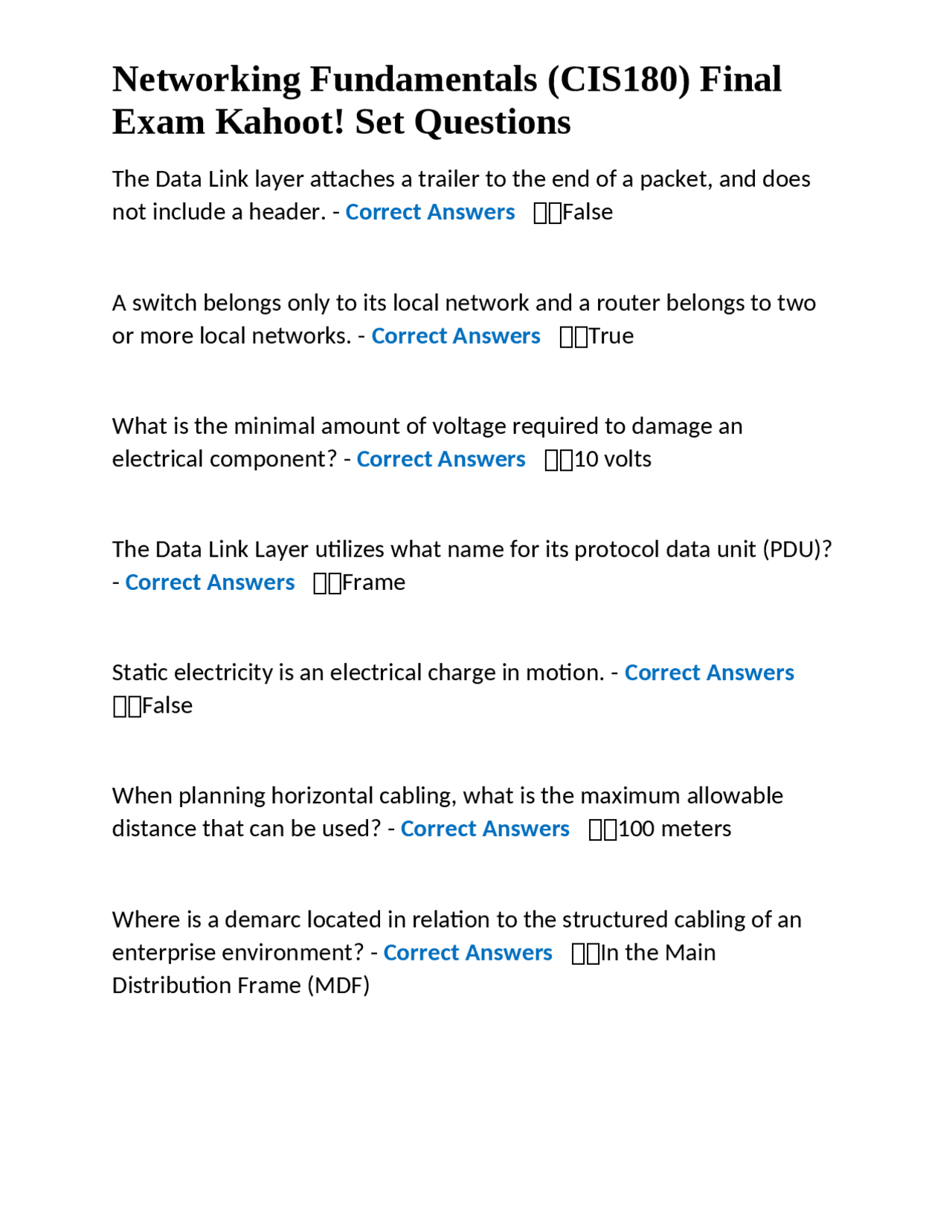 Networking Fundamentals (CIS180) Final Exam Kahoot! Set Questions | Exams Nursing | Docsity
