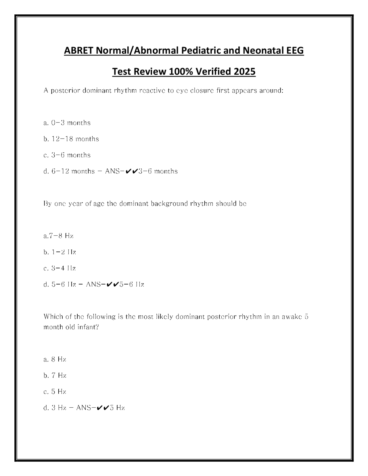 ABRET Normal/Abnormal Pediatric and Neonatal EEG | Exams Nursing | Docsity