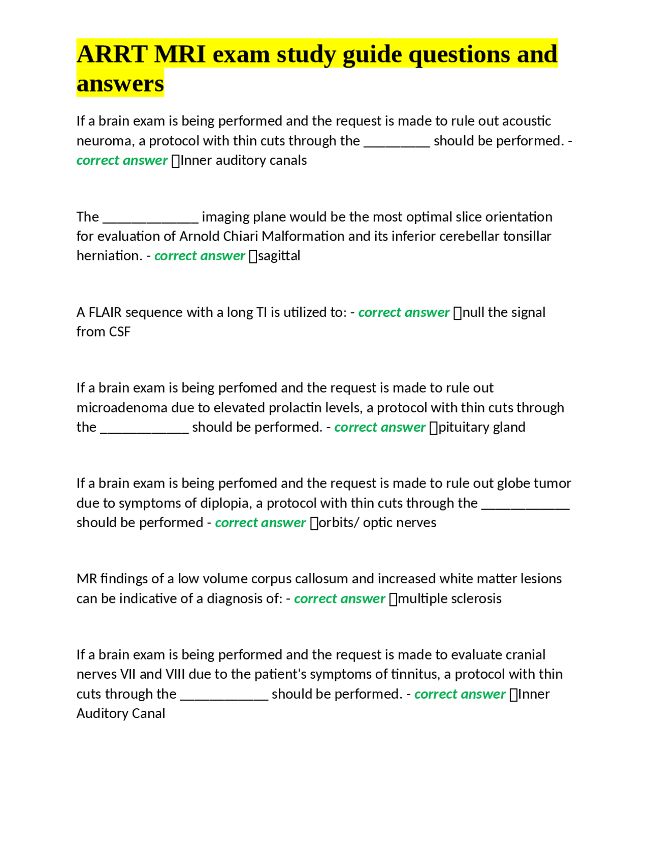 ARRT MRI Exam Study Guide: Questions and Answers | Exams Medicine | Docsity