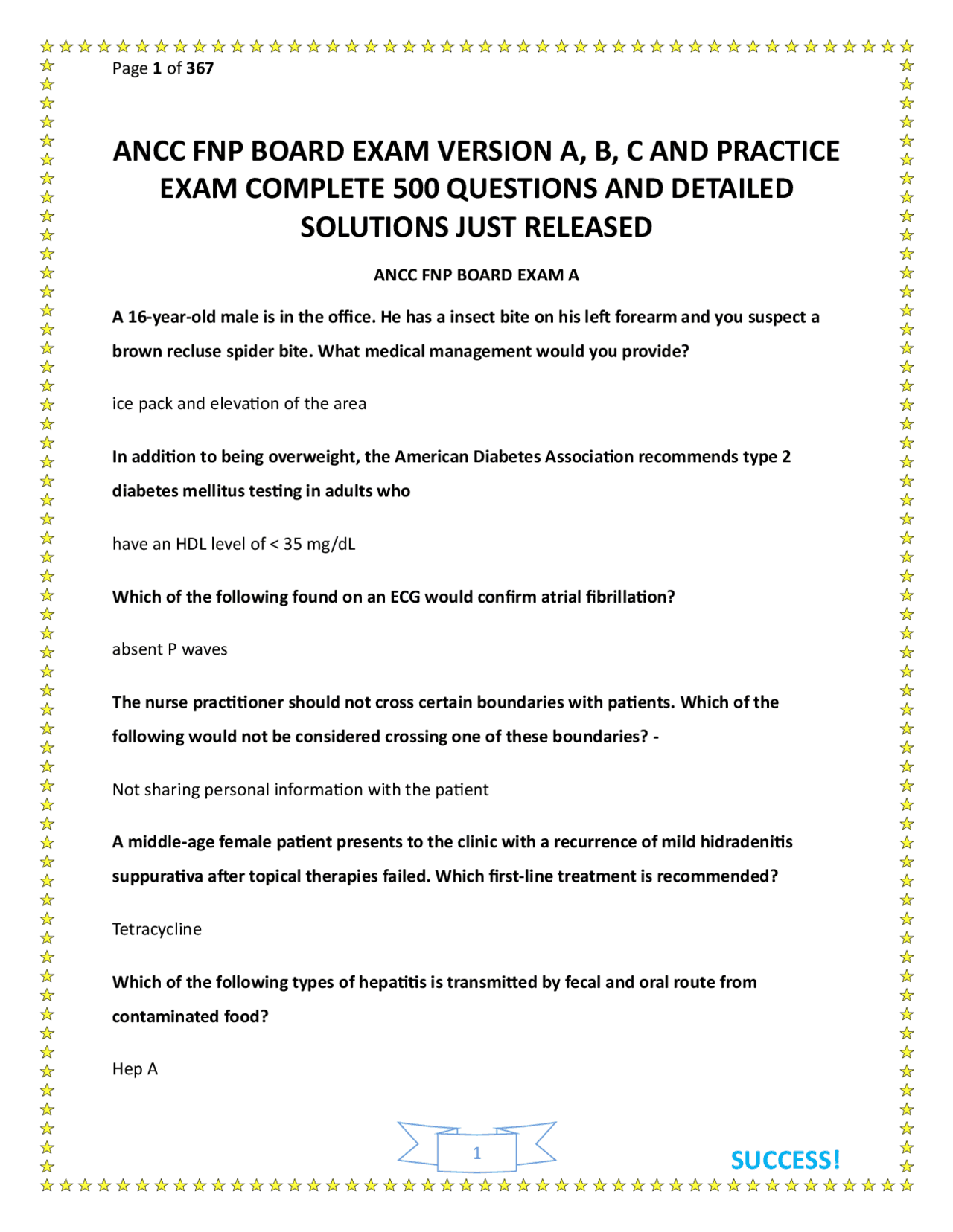 ANCC FNP BOARD EXAM VERSION A, B, C AND PRACTICE EXAM COMPLETE 500 ...