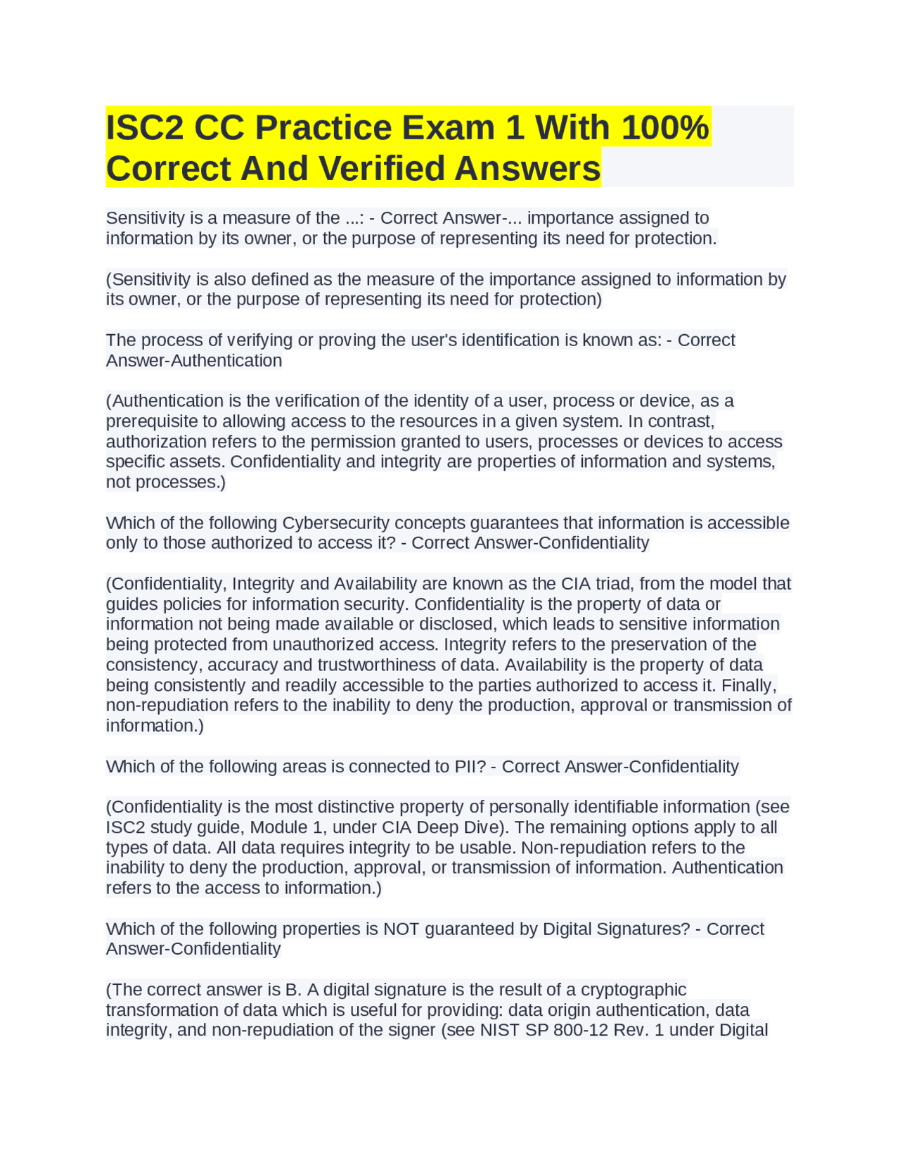 ISC2 CC Practice Exam 1: Cybersecurity Concepts and Risk Management ...