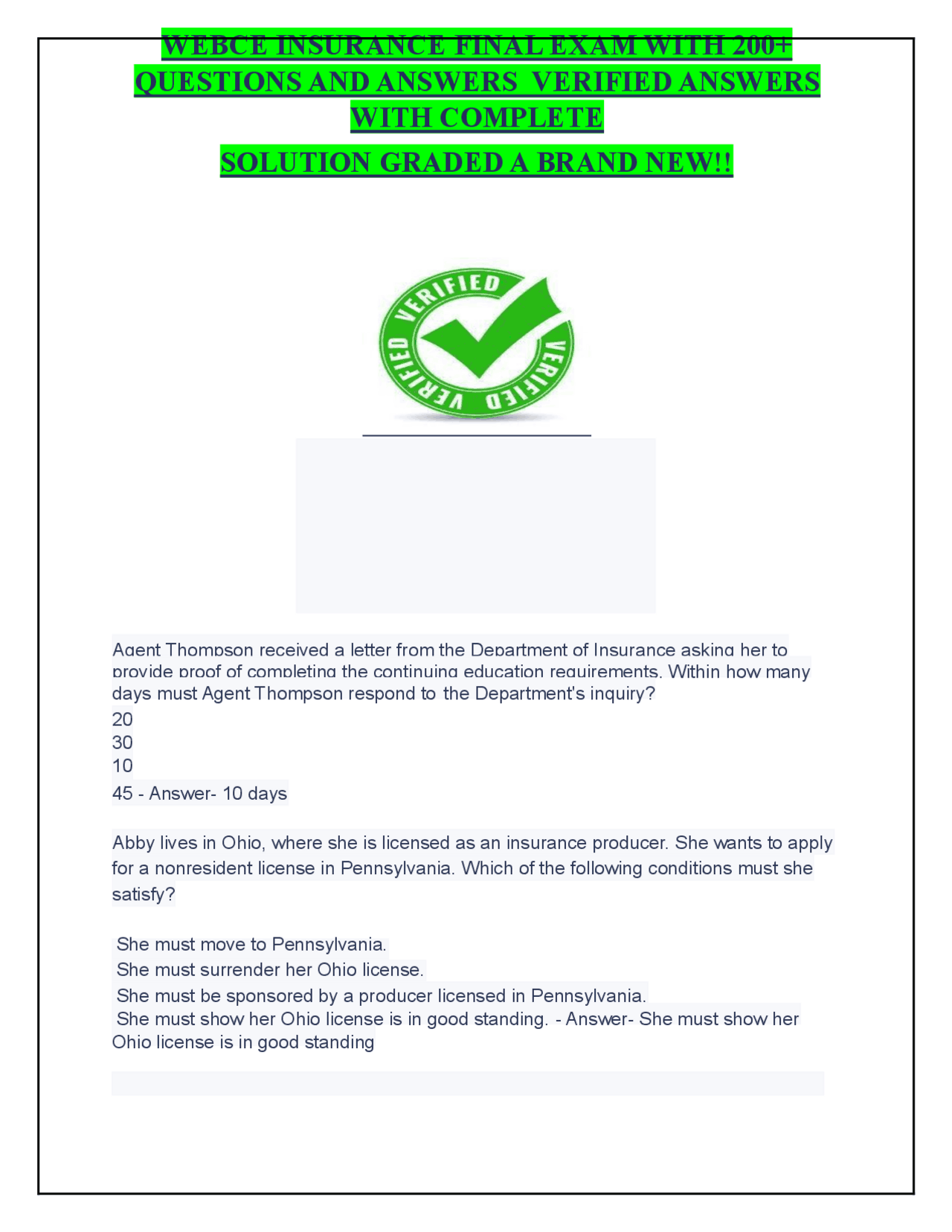 WEBCE Insurance Final Exam with 200+ Questions and Answers | Exams ...