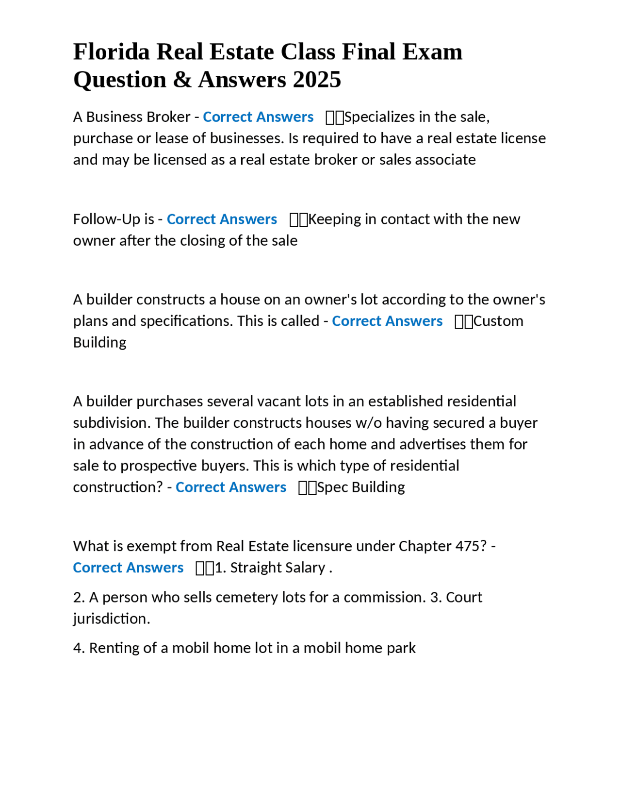 Florida Real Estate Licensing Exam Questions and Answers | Exams ...
